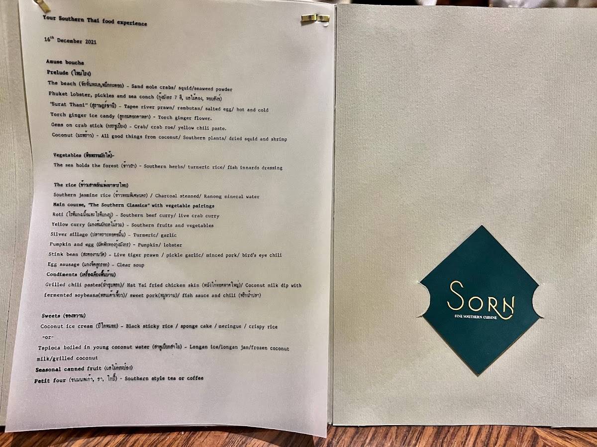 Menu at Sorn restaurant, Bangkok