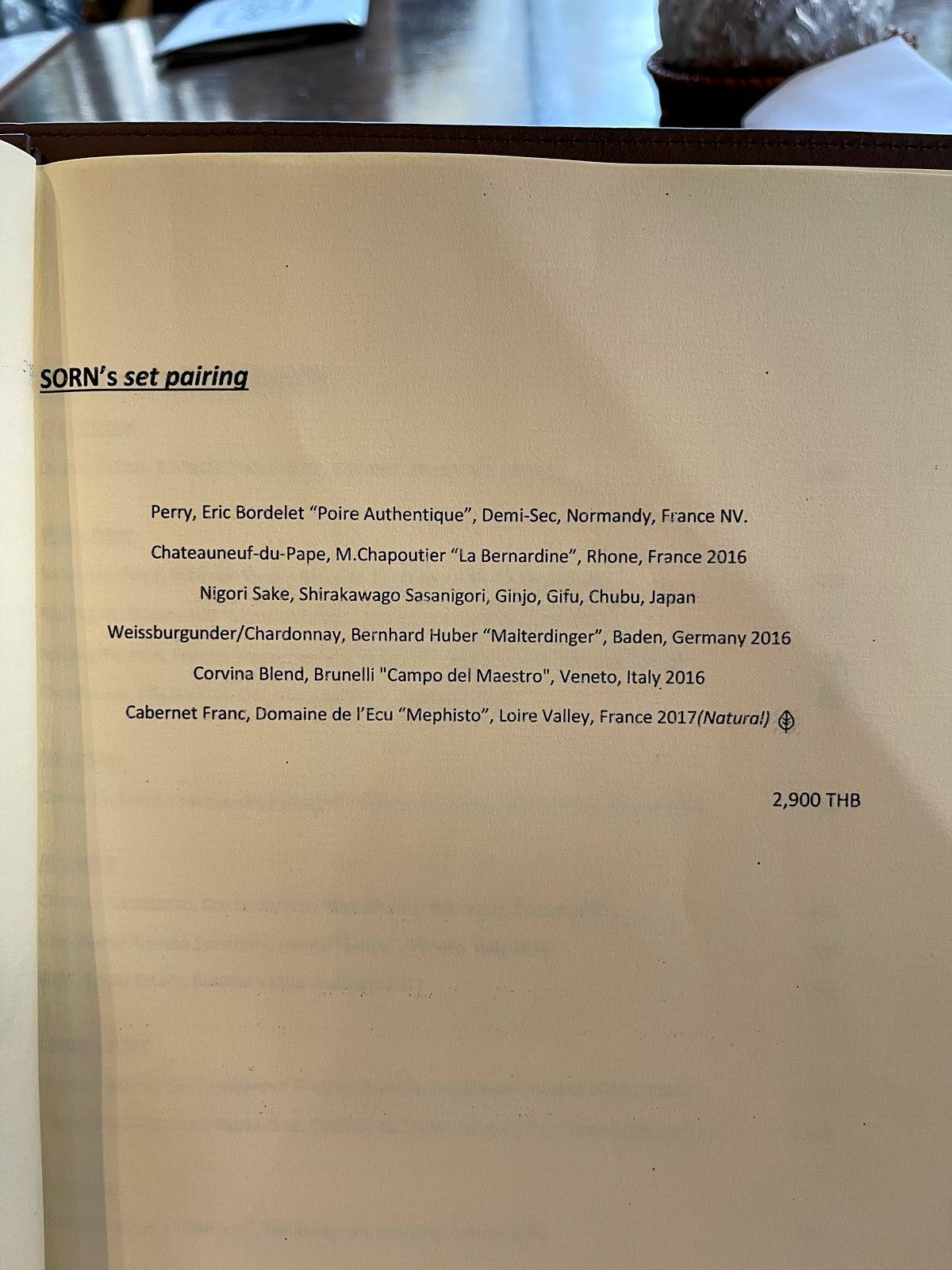 Menu at Sorn restaurant, Bangkok