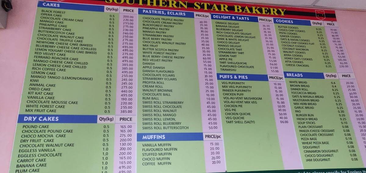 Menu at Southern Star Bakery, Pune