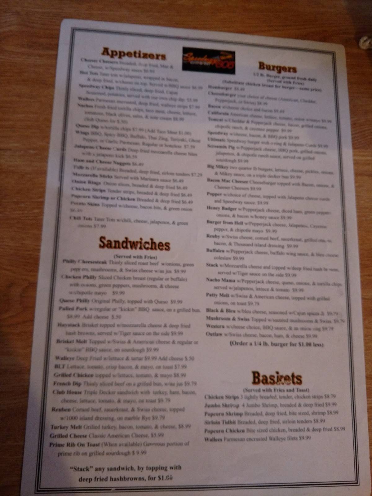 Menu at Speedway 805 Grill & Bar, Grand Forks