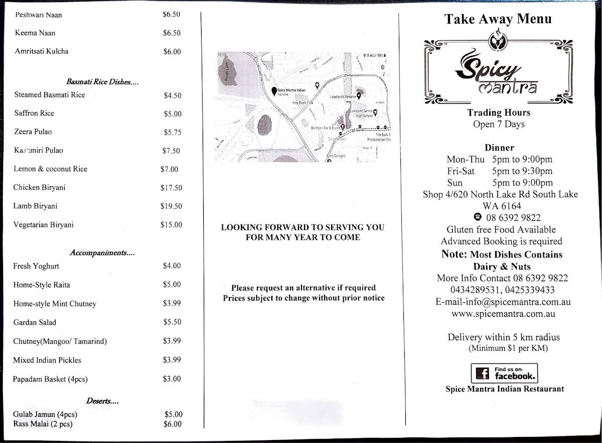 Menu at Spicy Mantra Indian Restaurant, South Lake