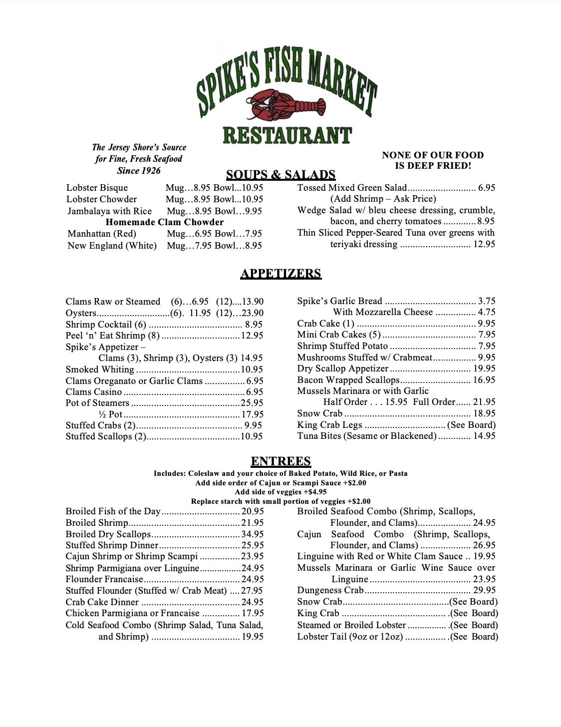 Menu at Spike's Fish Market & Restaurant, Point Pleasant Beach