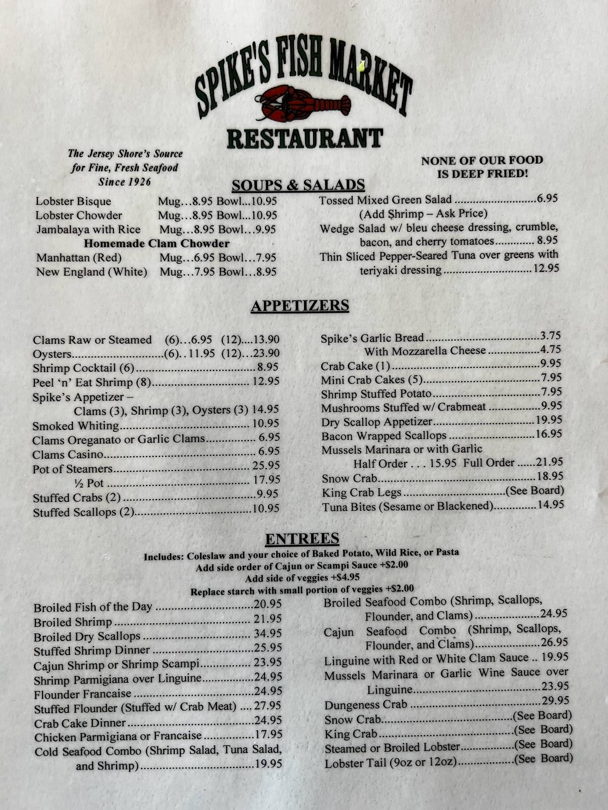 Menu at Spike's Fish Market & Restaurant, Point Pleasant Beach