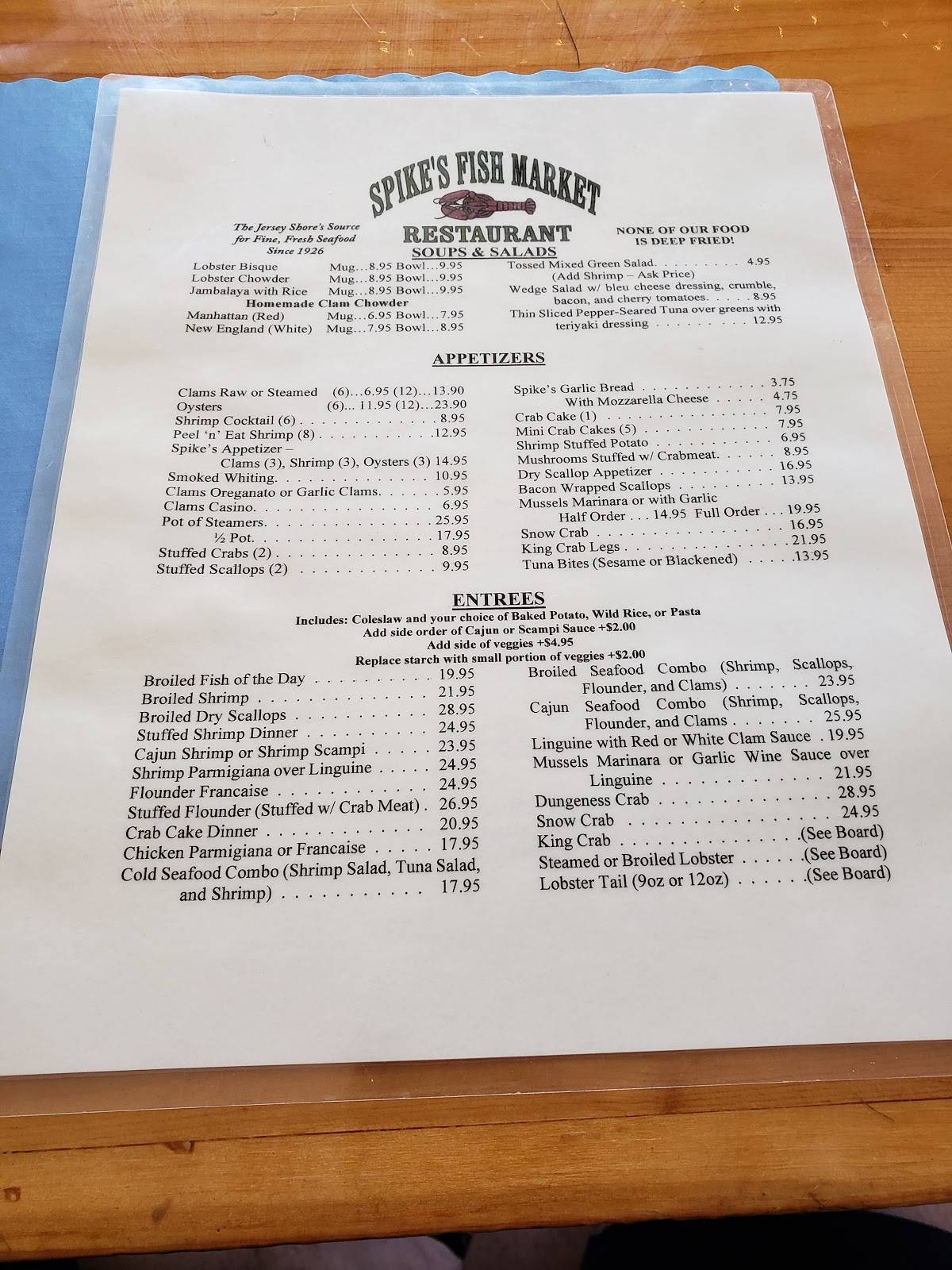 Menu at Spike's Fish Market & Restaurant, Point Pleasant Beach