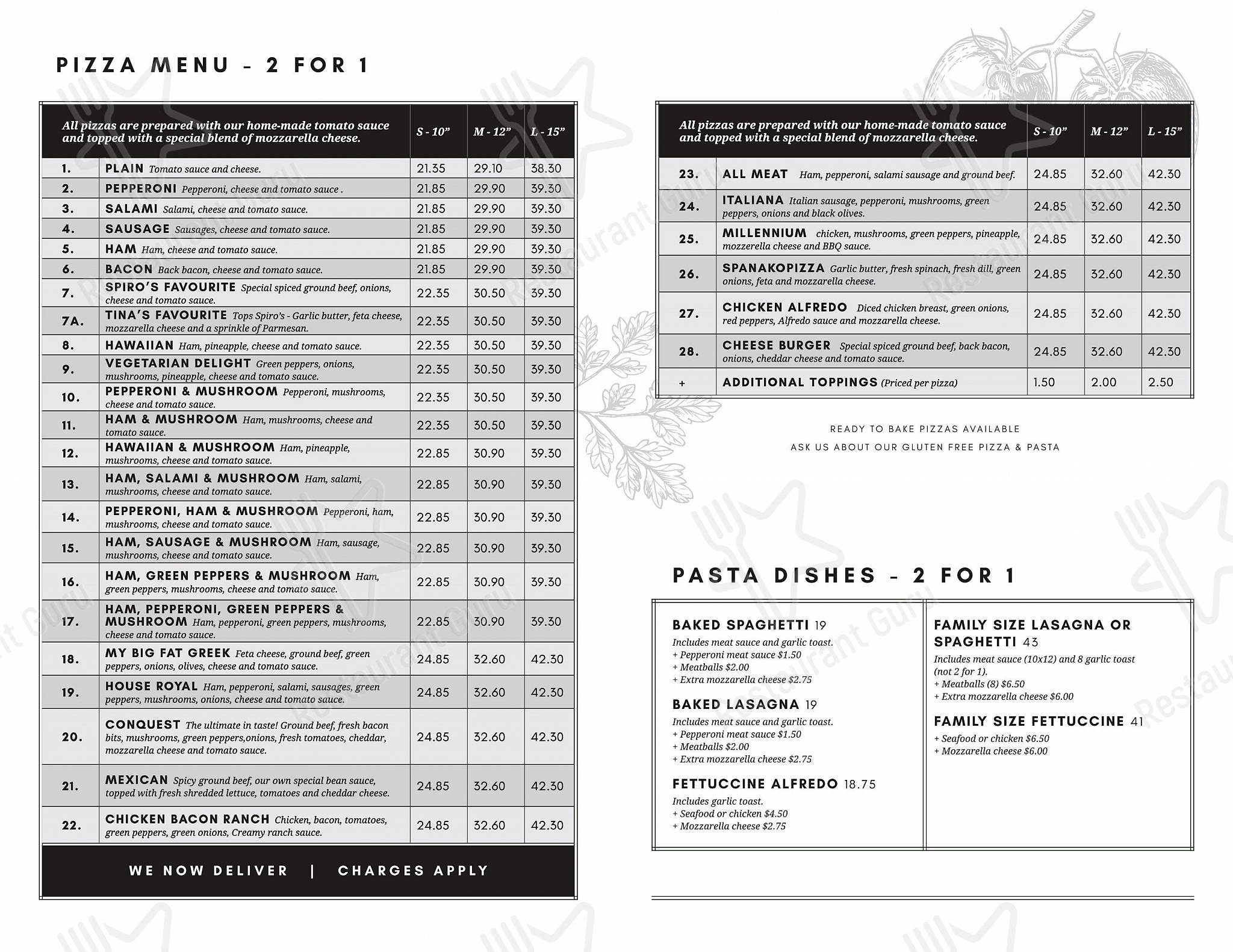 Menu at Spiro's pizzeria, Lloydminster, 50 Ave