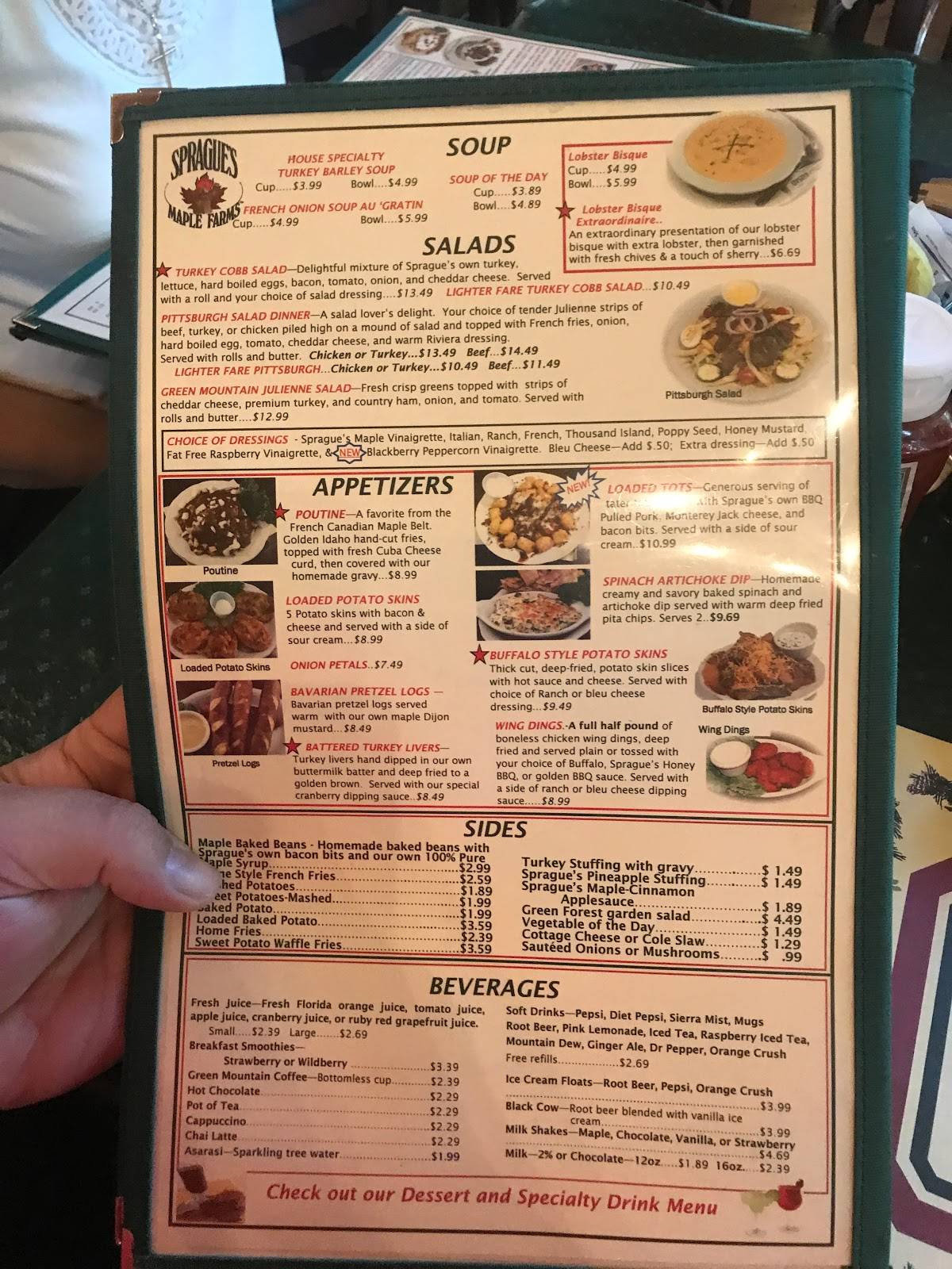 Menu at Sprague's Maple Farms restaurant, Portville