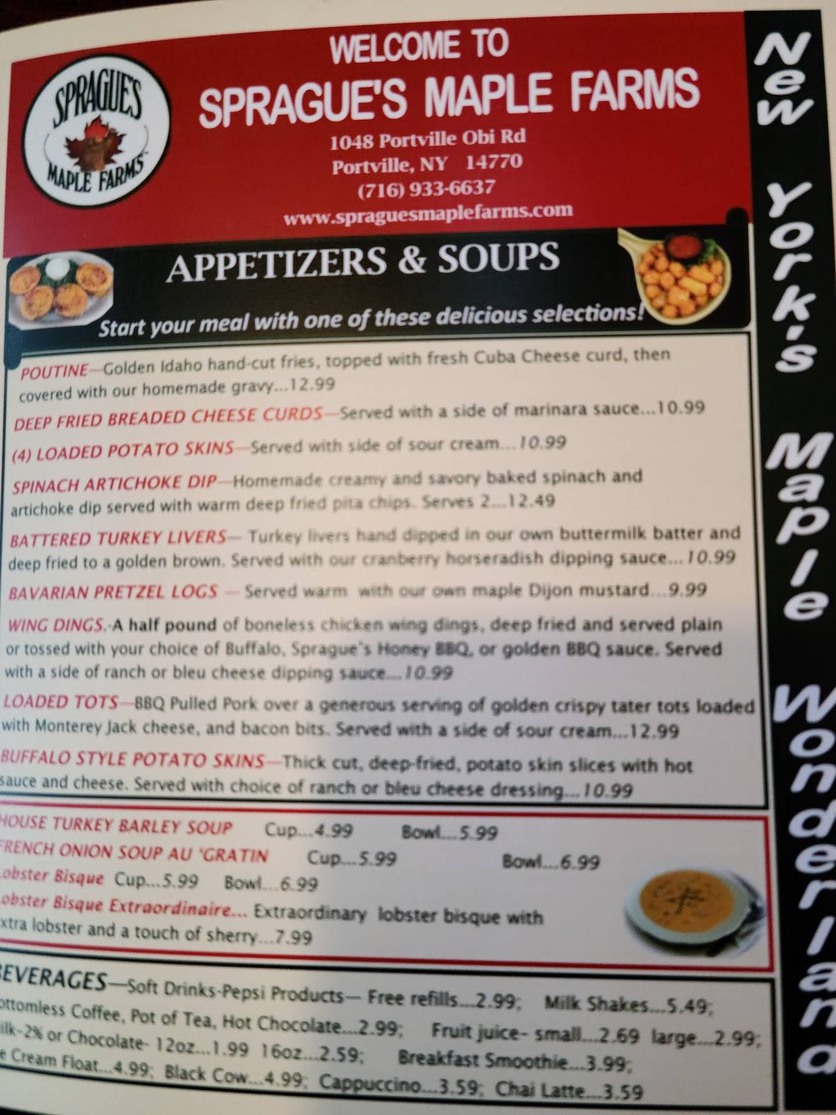 Menu at Sprague's Maple Farms restaurant, Portville