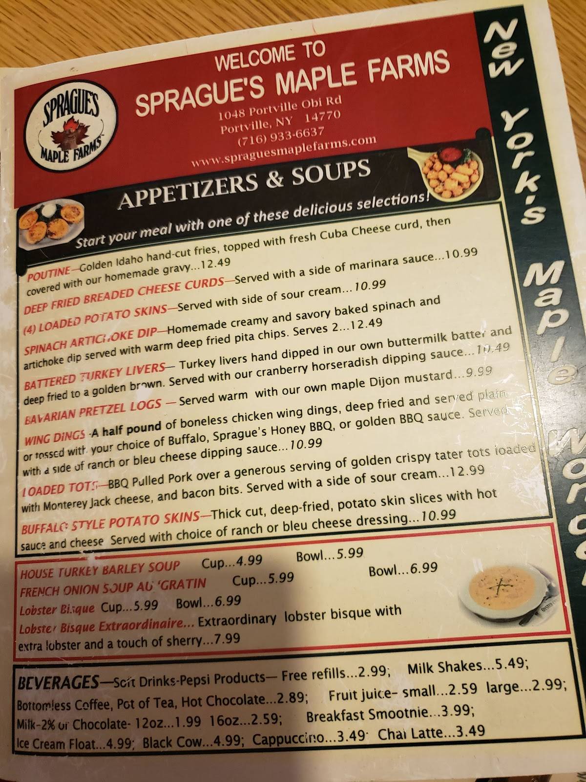 Menu at Sprague's Maple Farms restaurant, Portville