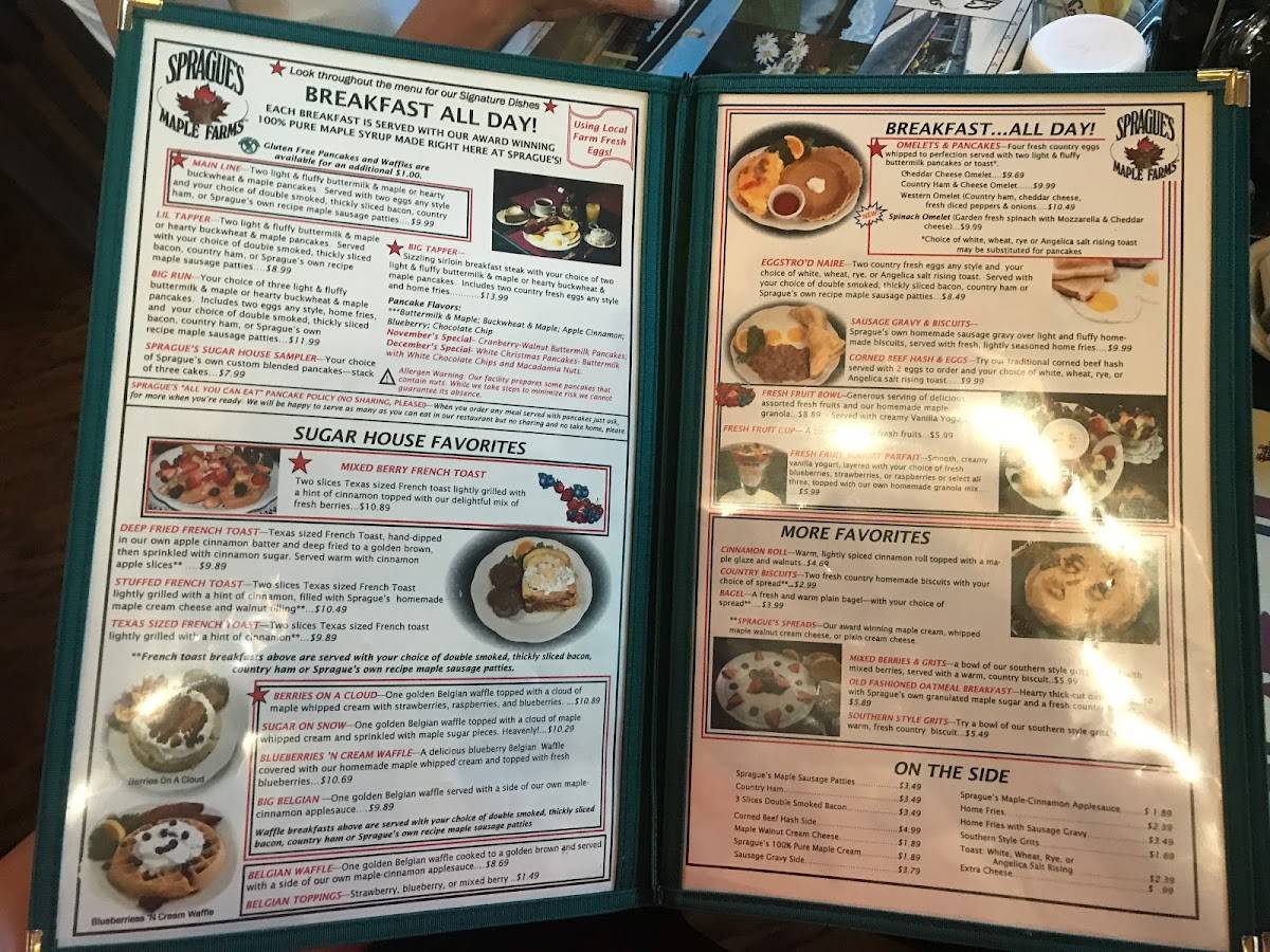 Menu at Sprague's Maple Farms restaurant, Portville