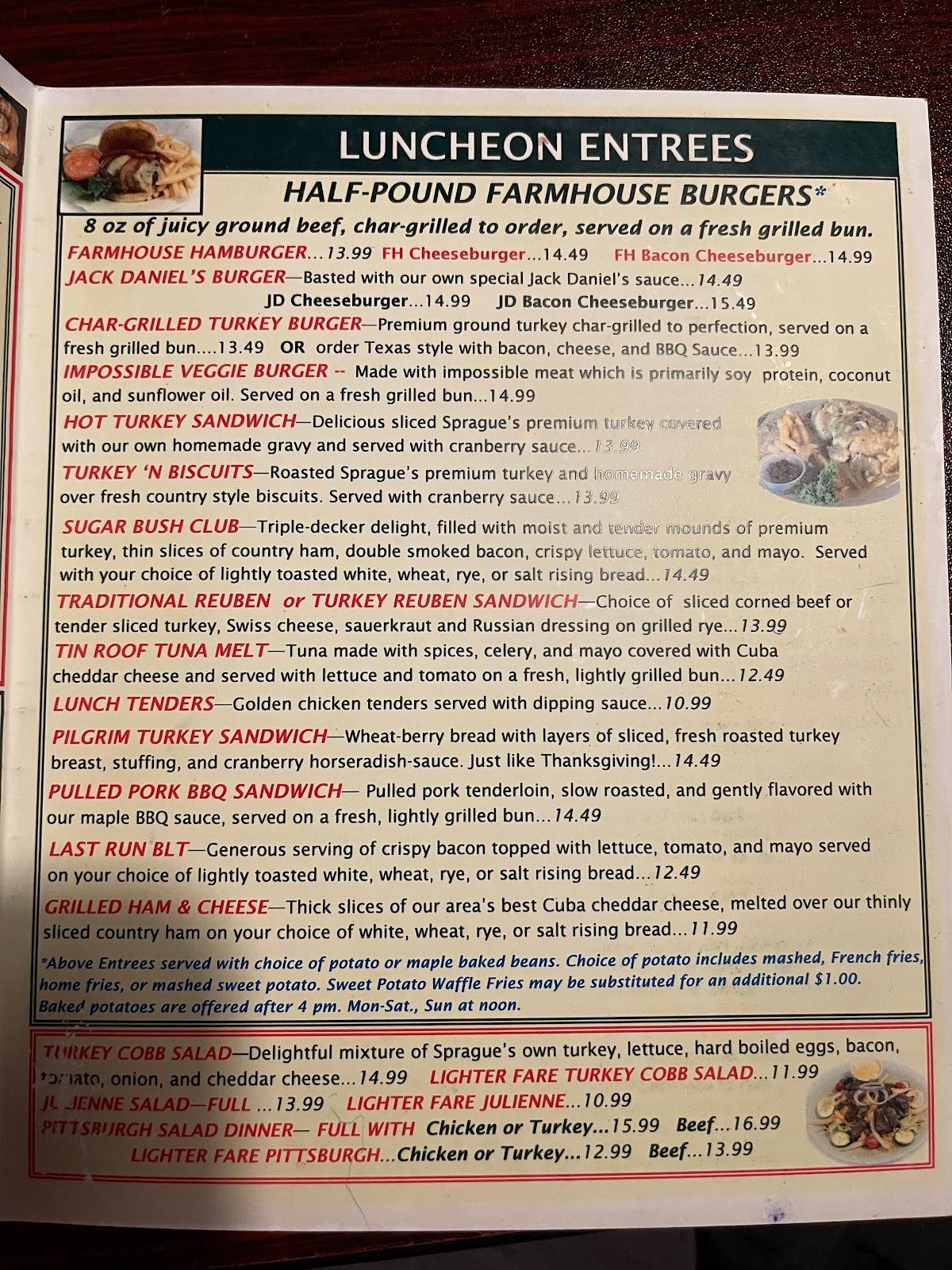 Menu at Sprague's Maple Farms restaurant, Portville