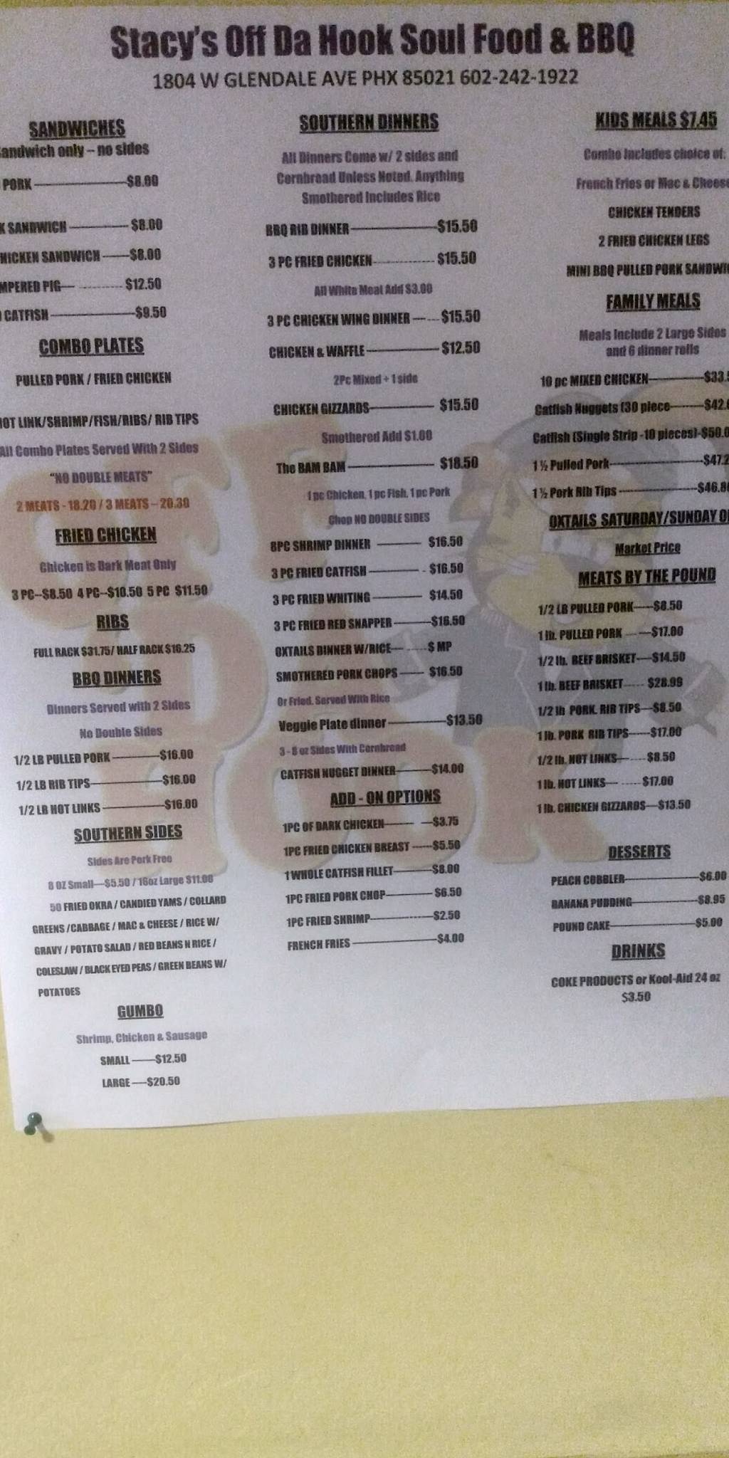 Menu at Stacy's off Da Hook Soulfood & BBQ, Phoenix, W Glendale Ave