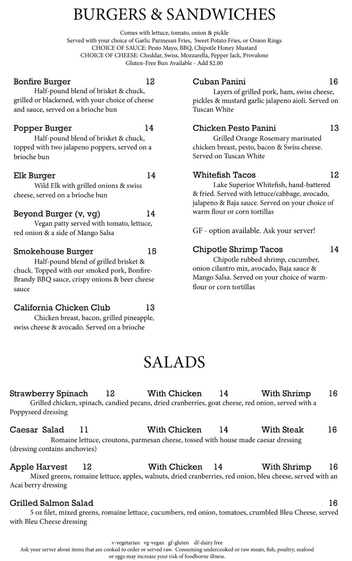 Menu at Bonfire at The Continental Fire Co. steakhouse, Houghton