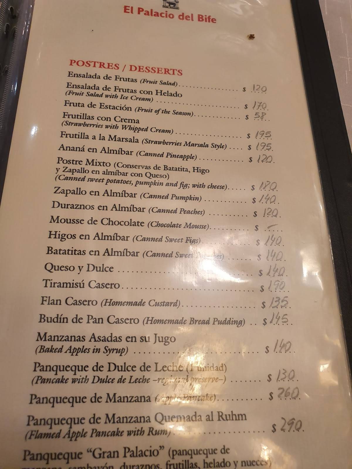 Carta de El Palacio del Bife - Restaurant, Mar del Plata