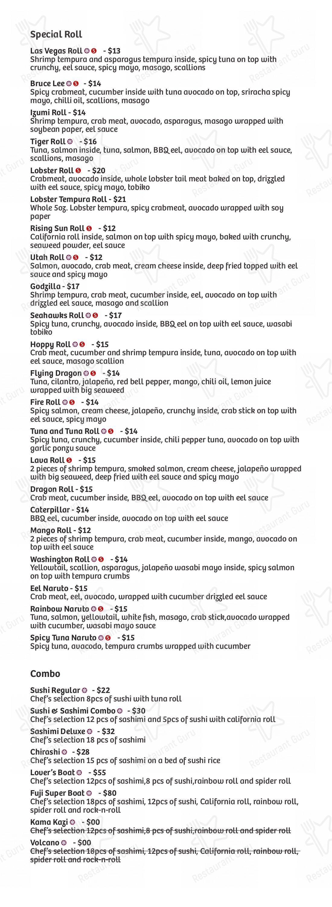 Menu at Fujiyama steakhouse, Liberty Lake