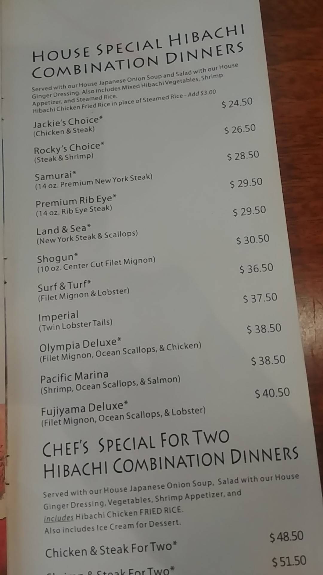 Menu at Fujiyama steakhouse, Liberty Lake