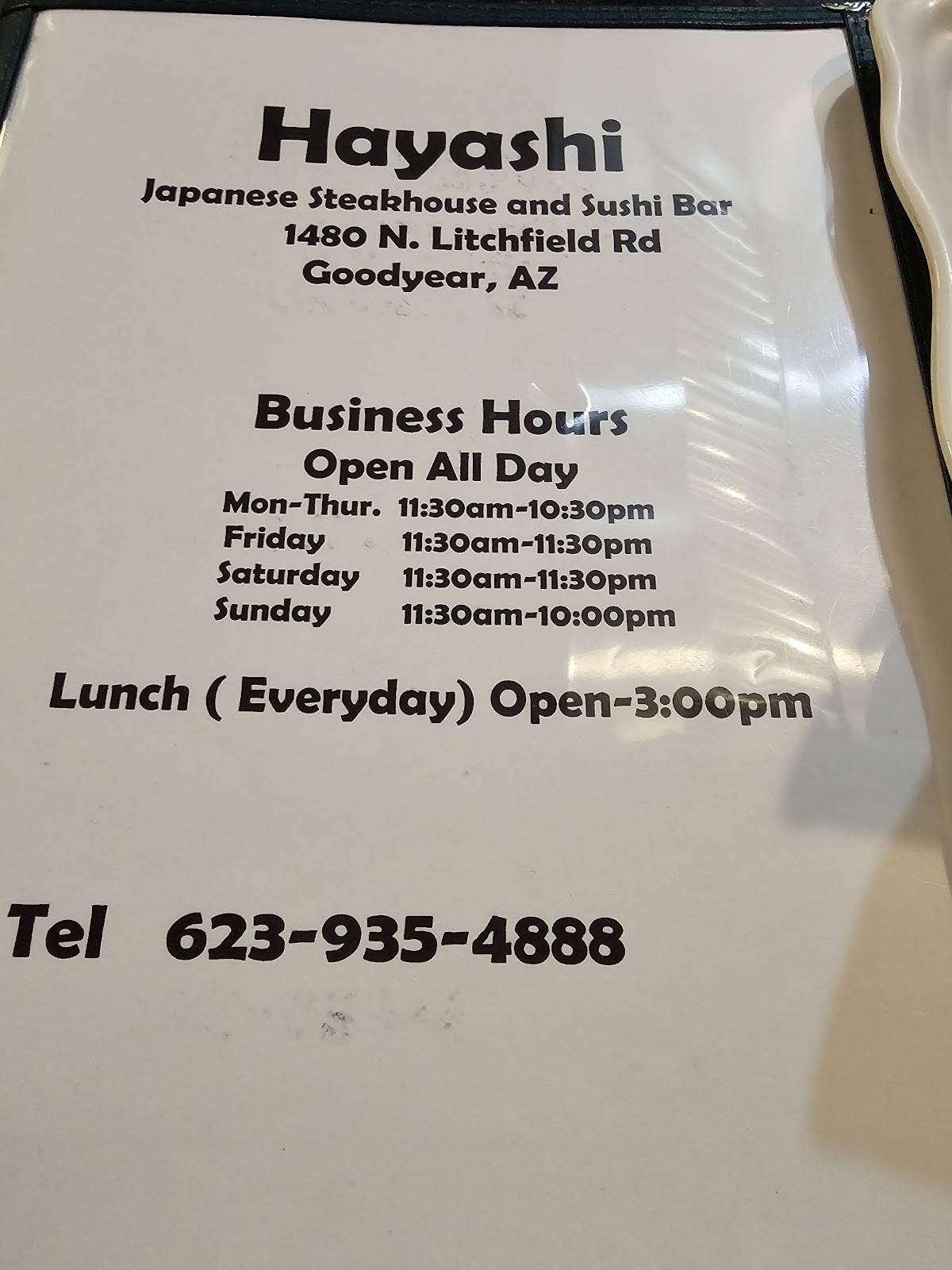 Menu at Hayashi Hibachi steakhouse, Goodyear