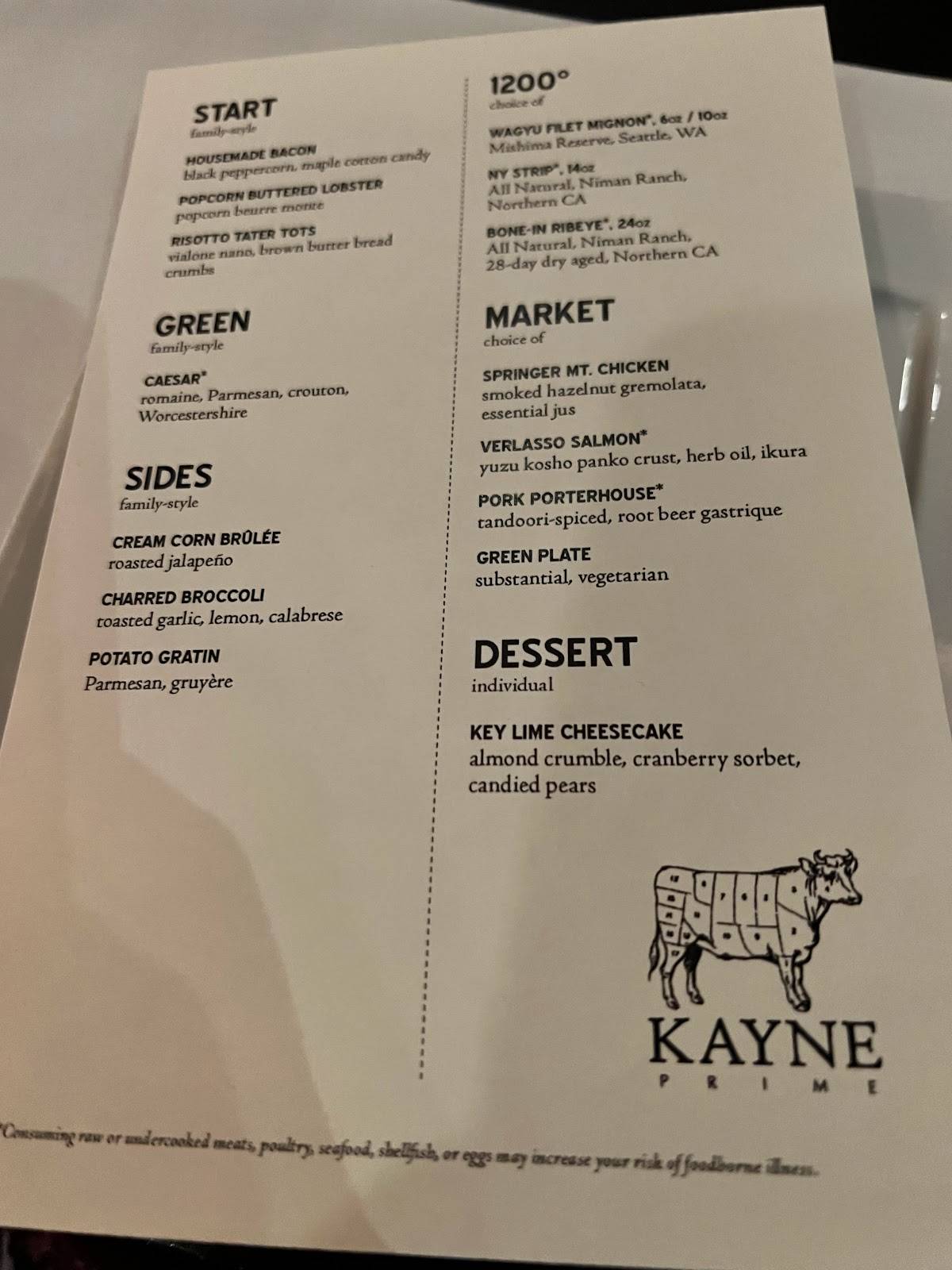 Menu at Kayne Prime Steakhouse, Nashville
