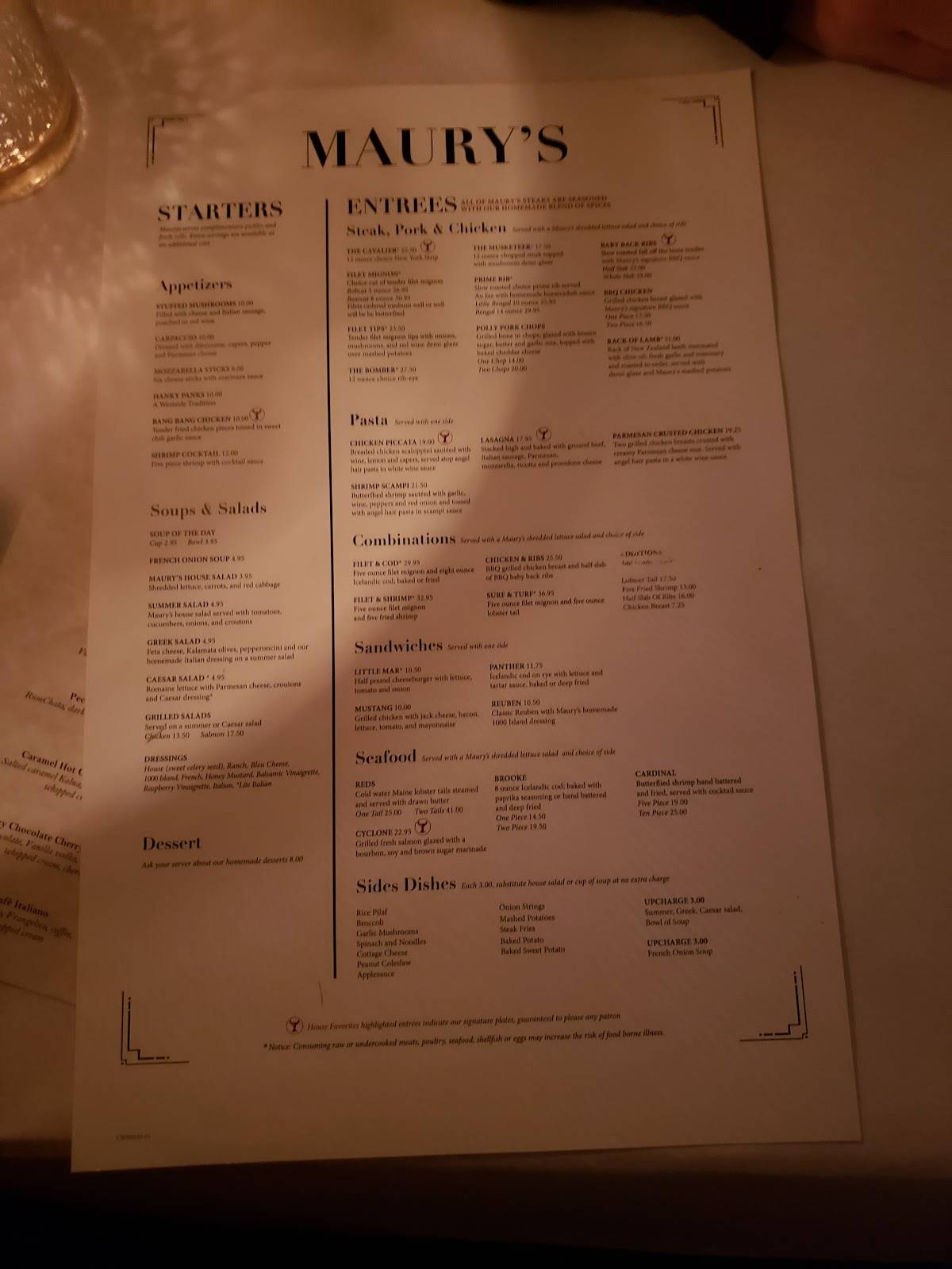 Menu at Maury's Tiny Cove Steakhouse, Cincinnati