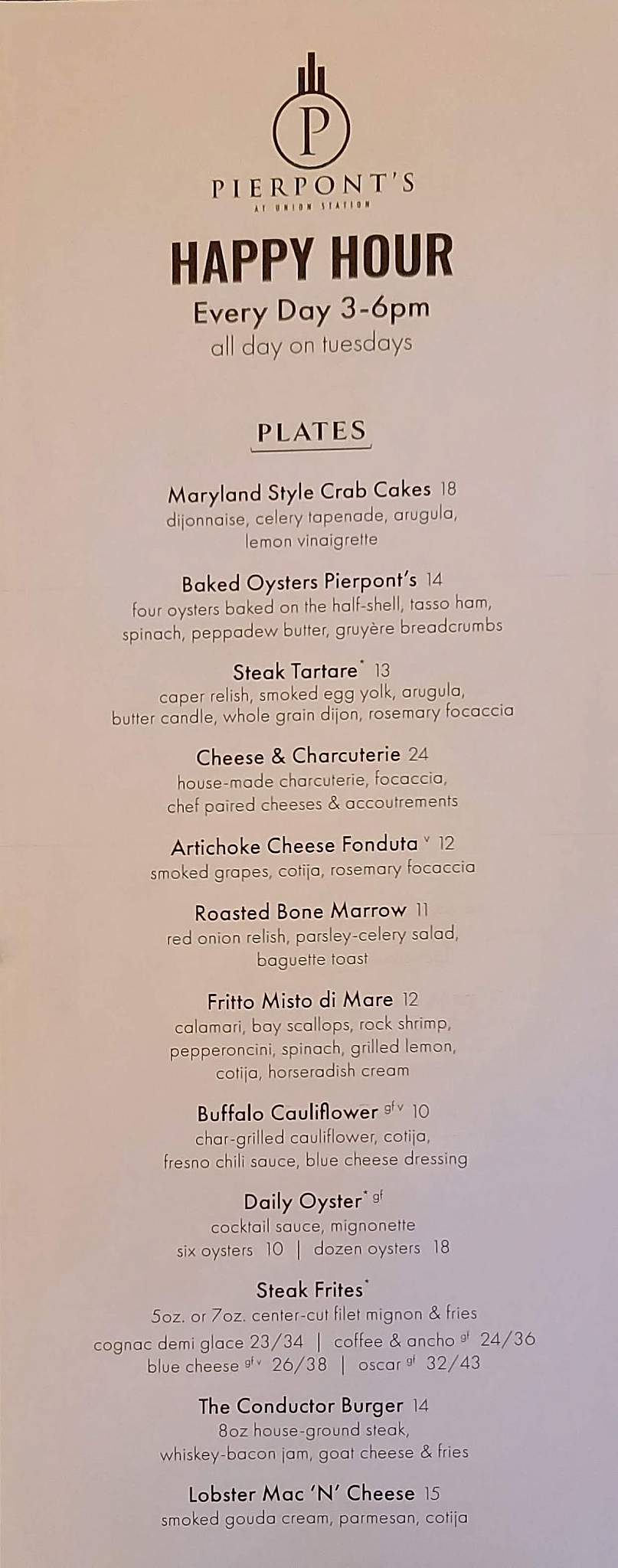 Menu at Pierpont's at Union Station steakhouse, Kansas City, 30 W ...
