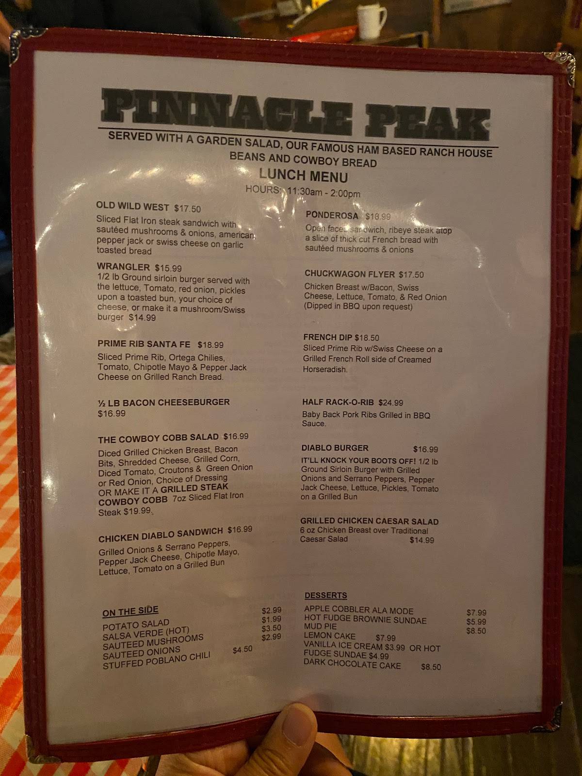 Menu at Pinnacle Peak Steakhouse, San Dimas