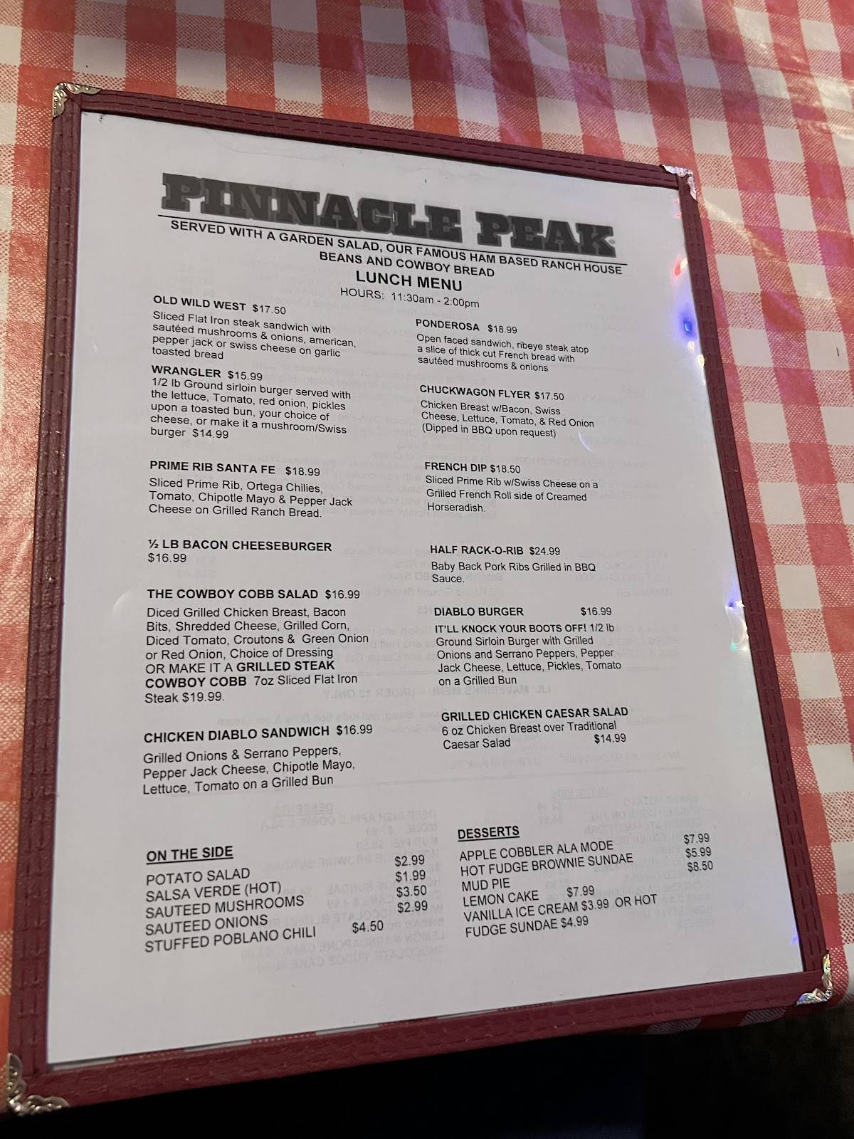 Menu at Pinnacle Peak Steakhouse, San Dimas
