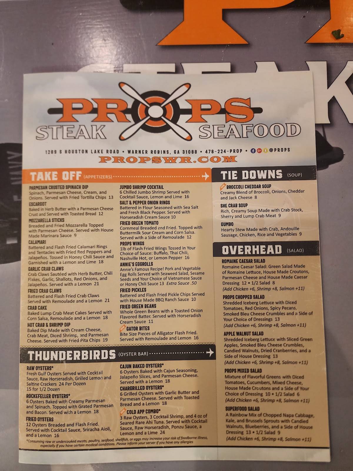 Menu at Props Steak and Seafood Restaurant, Warner Robins