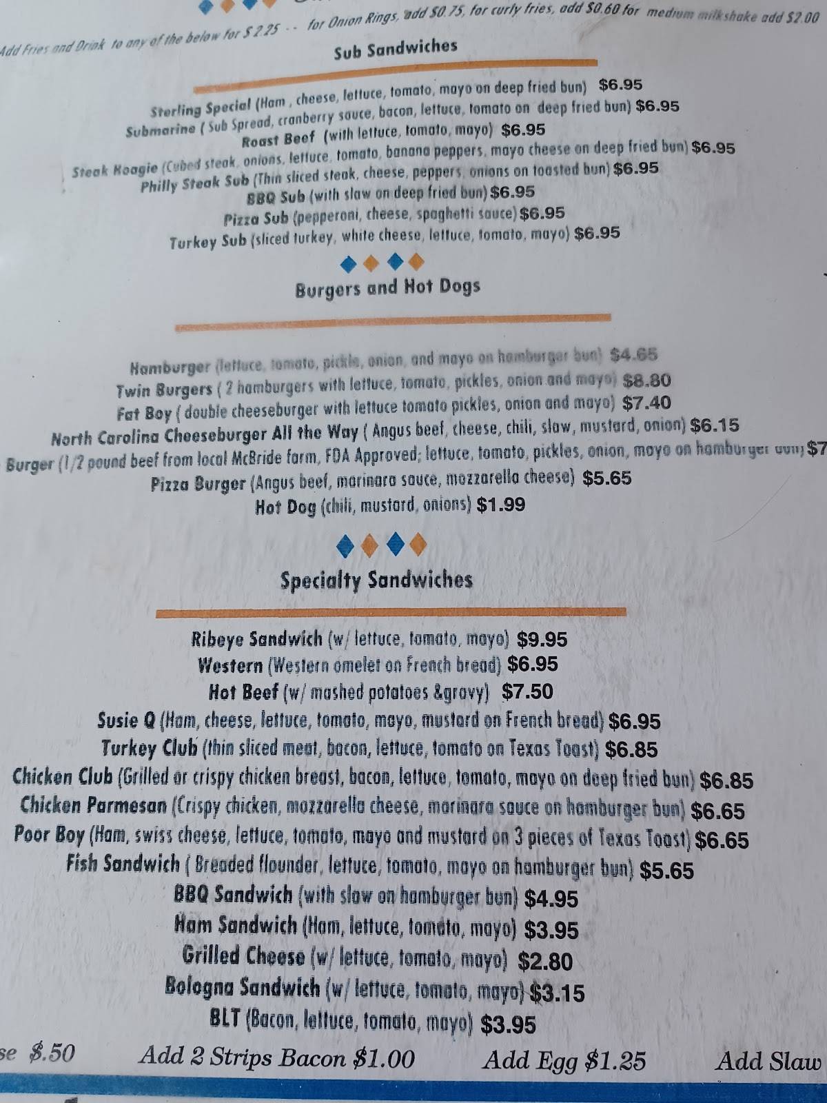 Menu at Sterling Drive-In restaurant, Welch