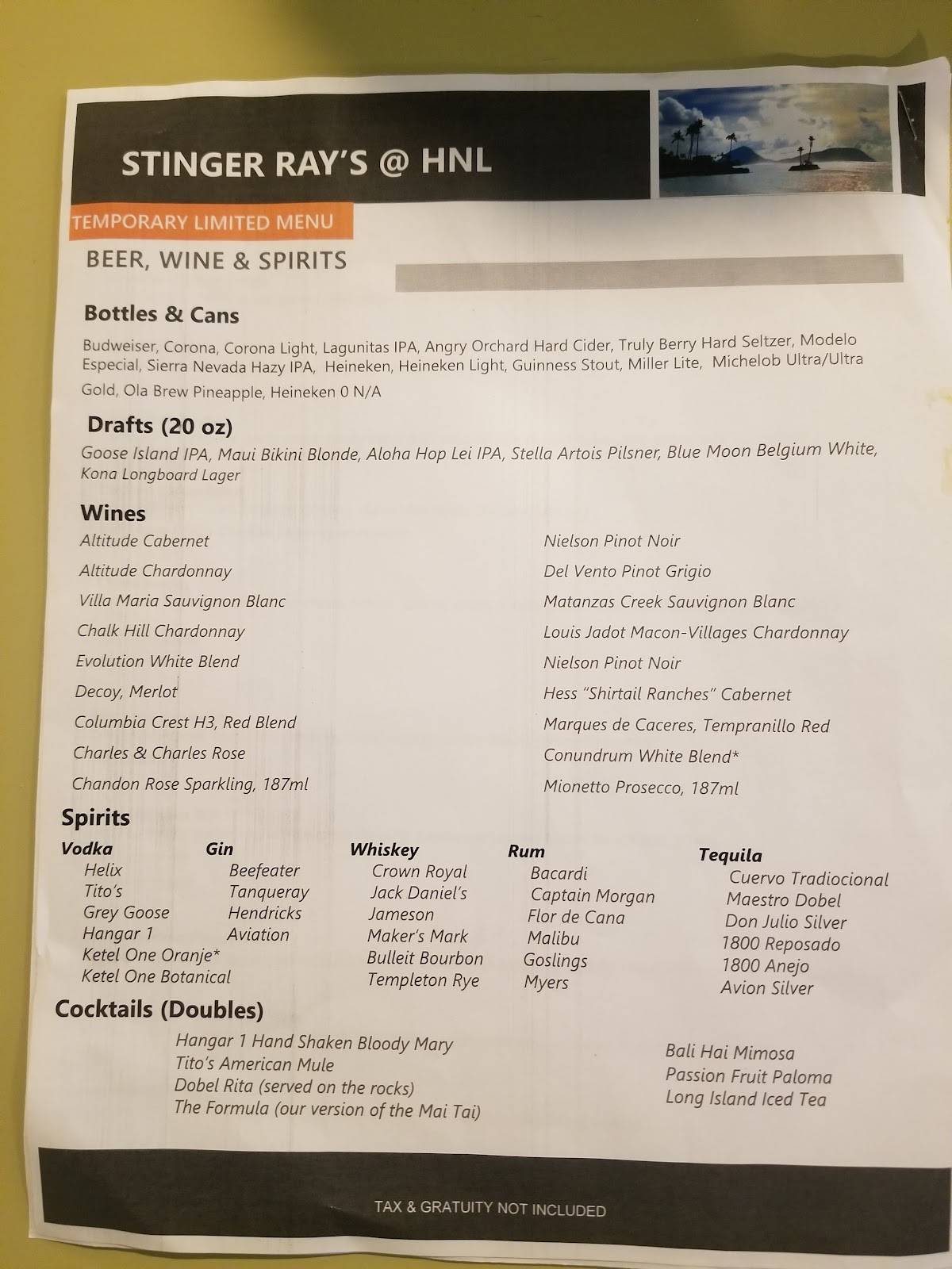 Menu at Stinger Rays Tropical Bar and Grill, Honolulu