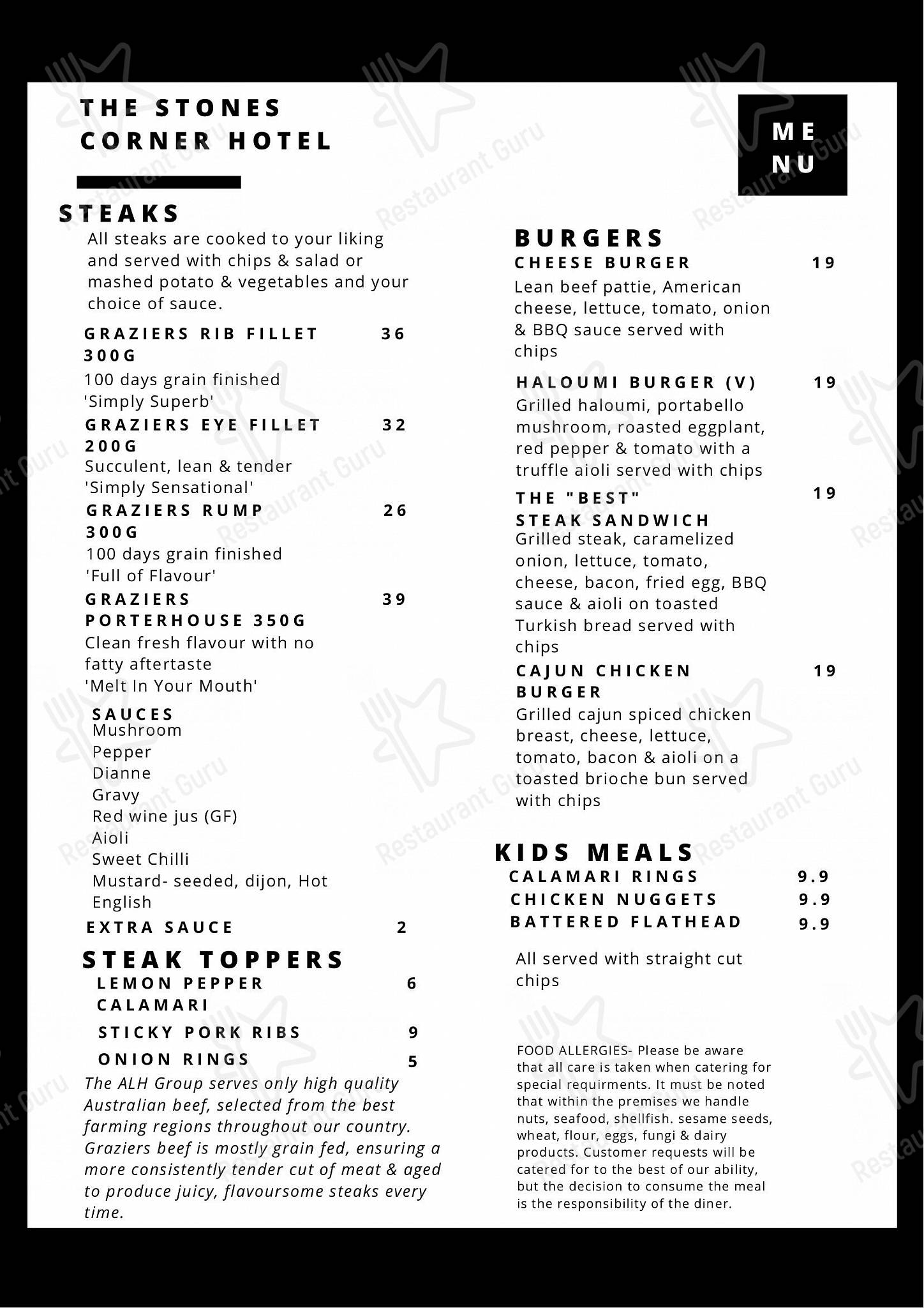 Menu at Stones Corner Hotel pub & bar, Greenslopes
