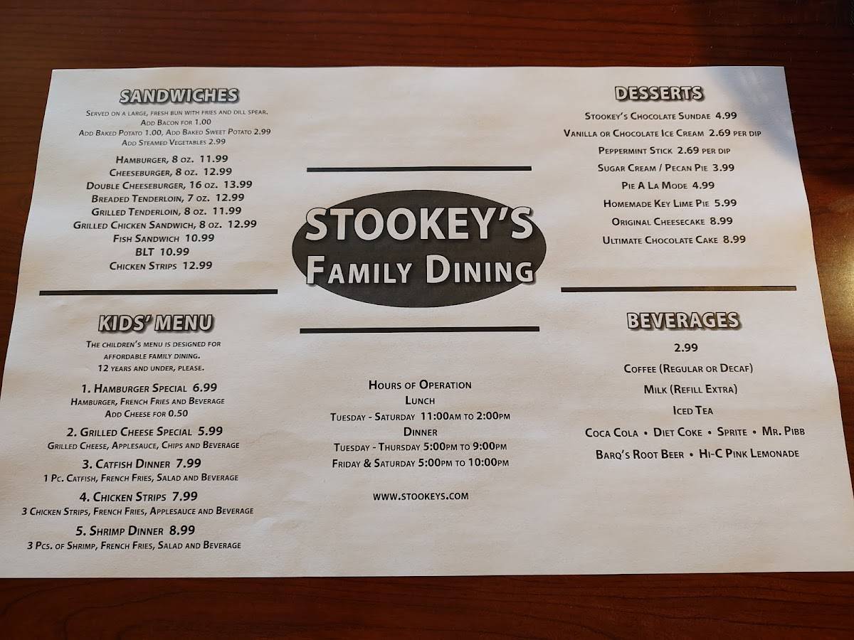 Menu at Stookey's Restaurant, Thorntown