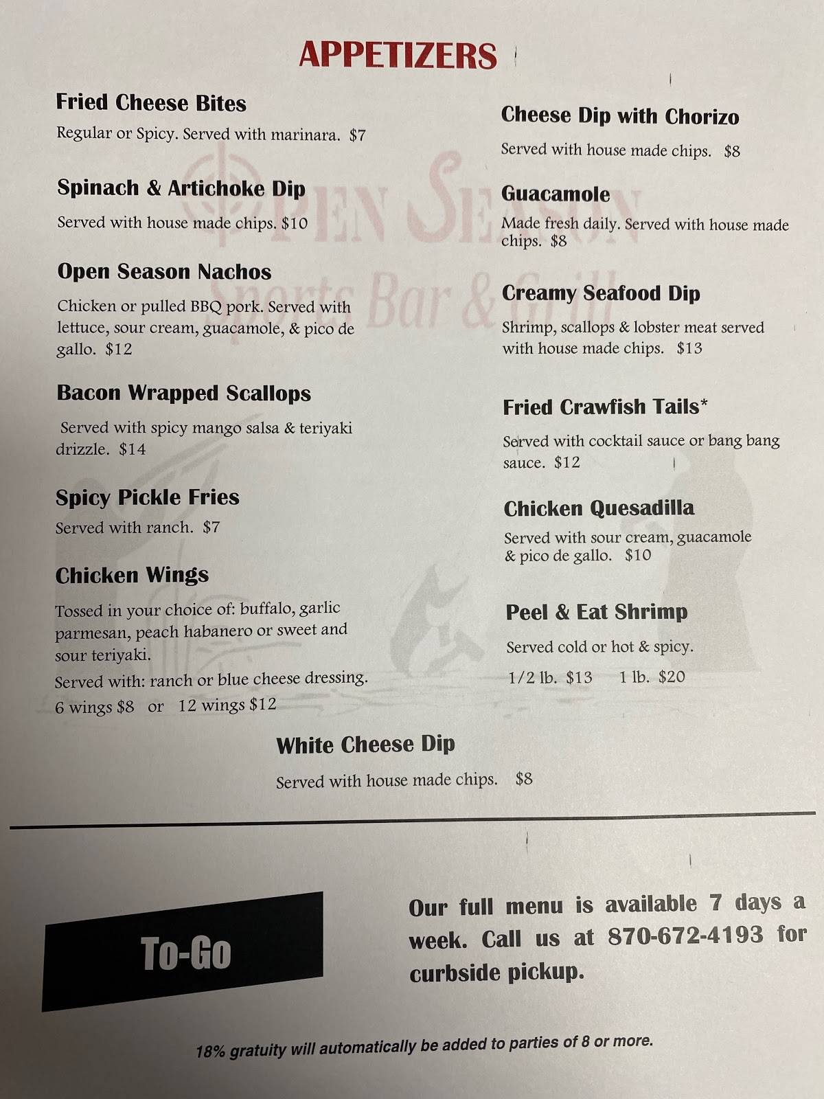 Menu at Open Season Sports Bar & Grill, Stuttgart, S Main St