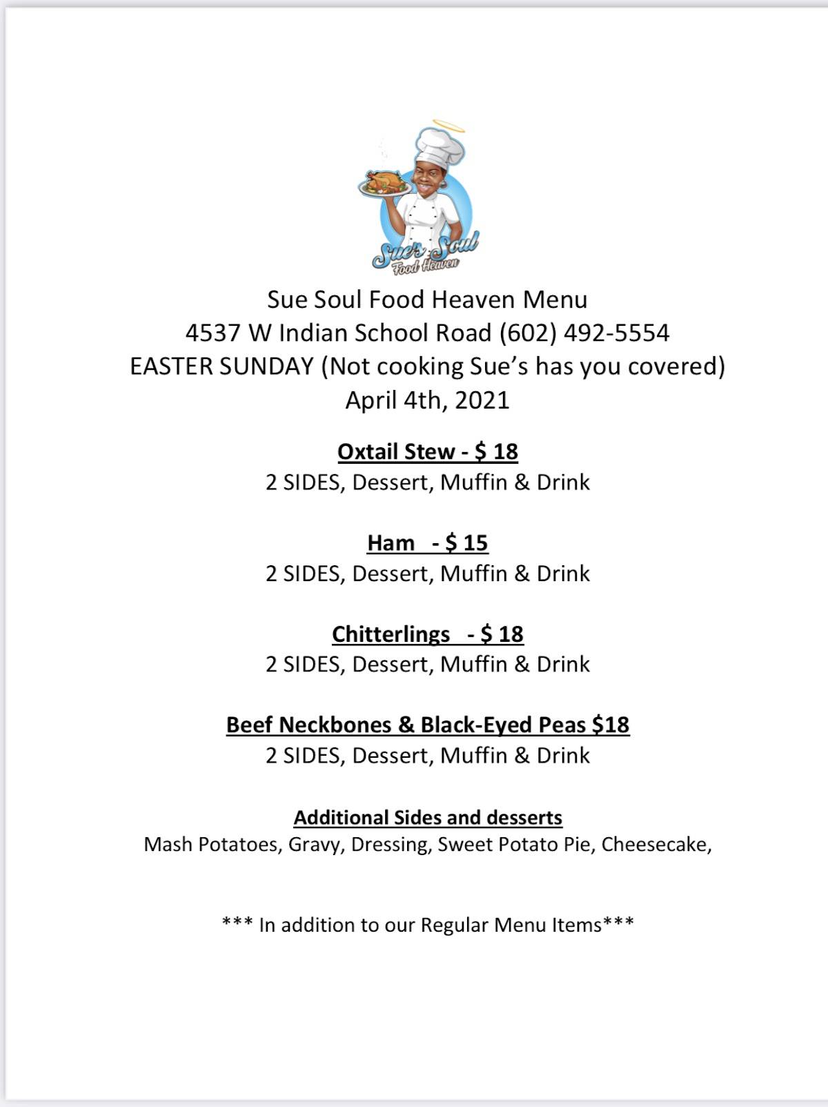 Menu at Sue Soul Food Heaven restaurant, Phoenix