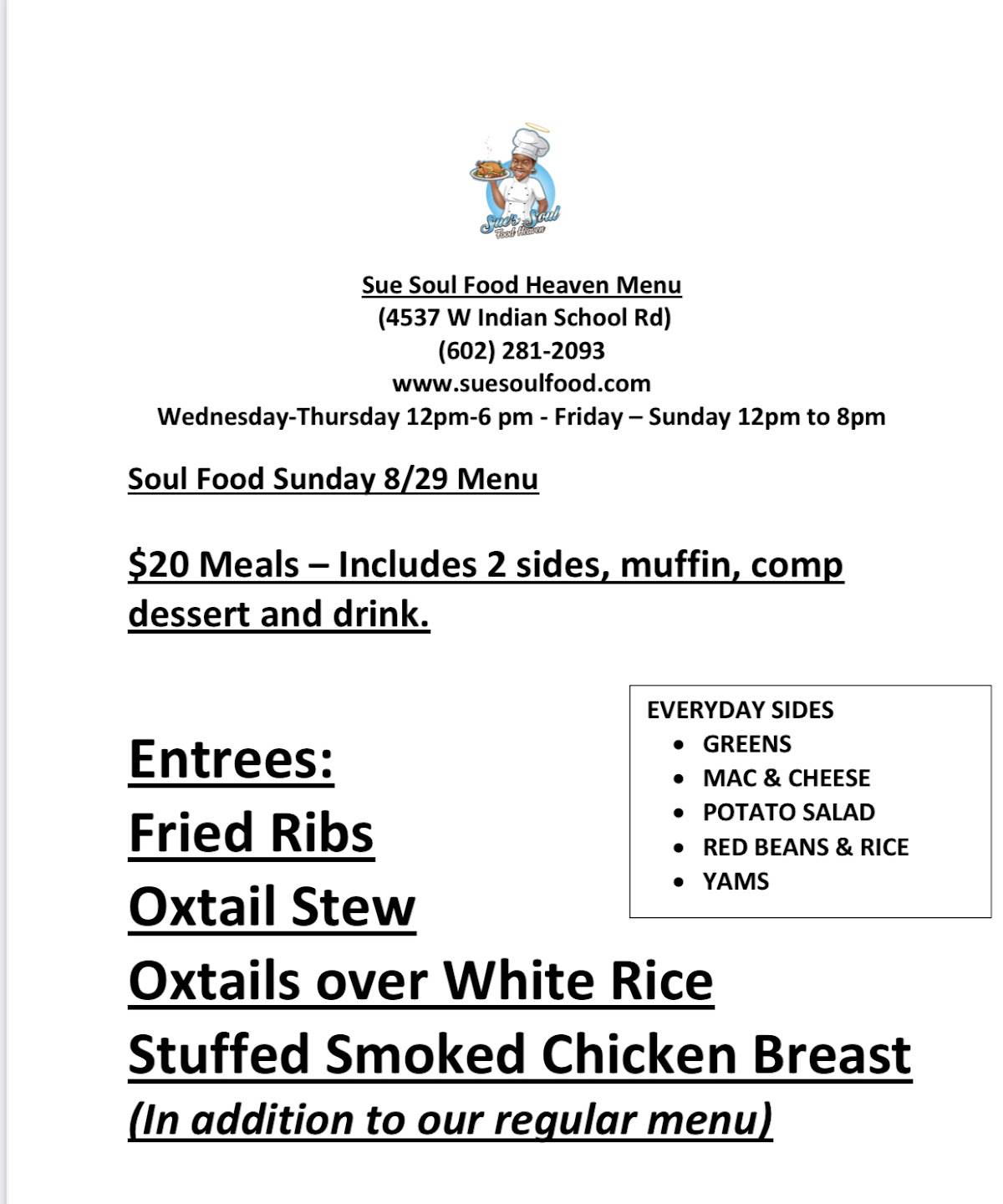 Menu at Sue Soul Food Heaven restaurant, Phoenix