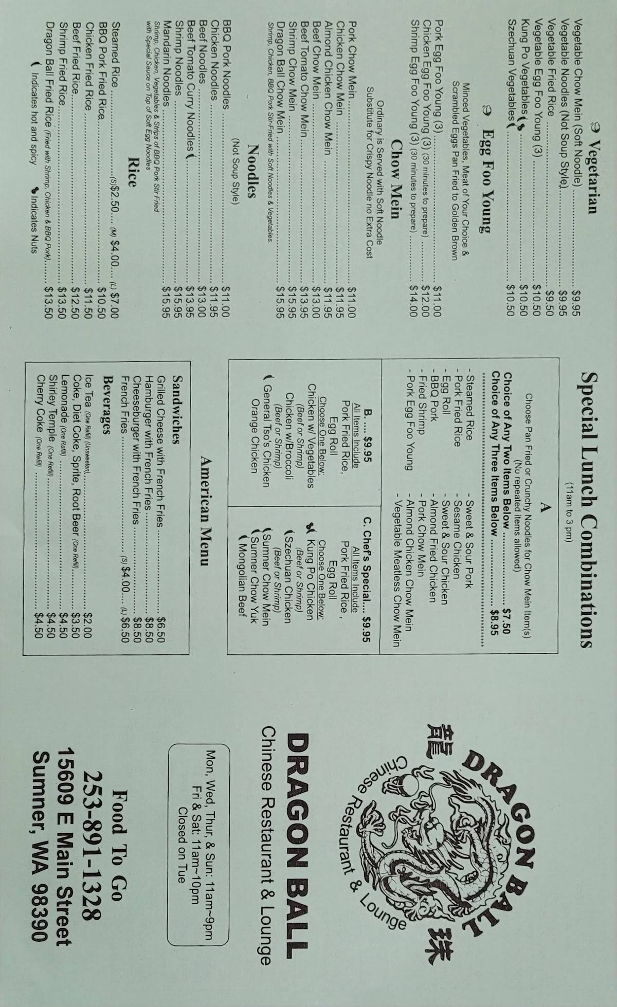 Menu at Dragon Ball Restaurant, Sumner