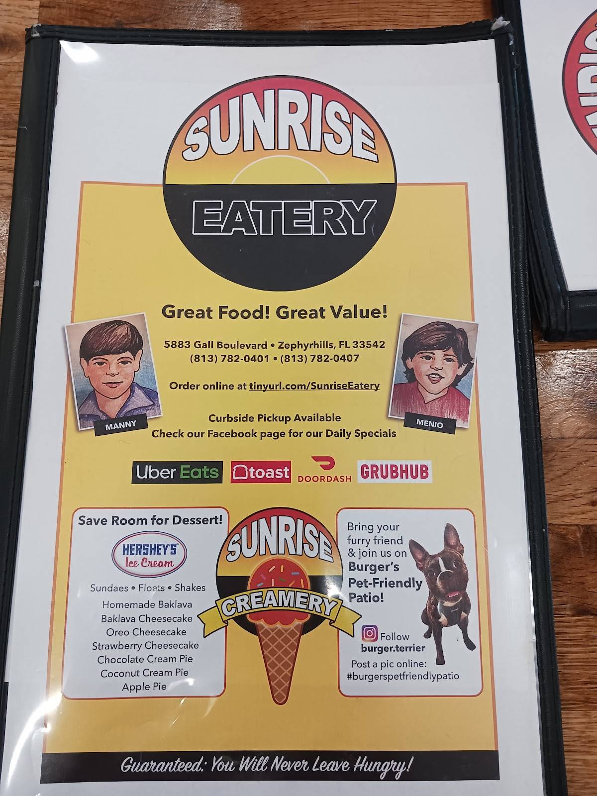 Menu at Sunrise Eatery restaurant, Zephyrhills, Gall Blvd