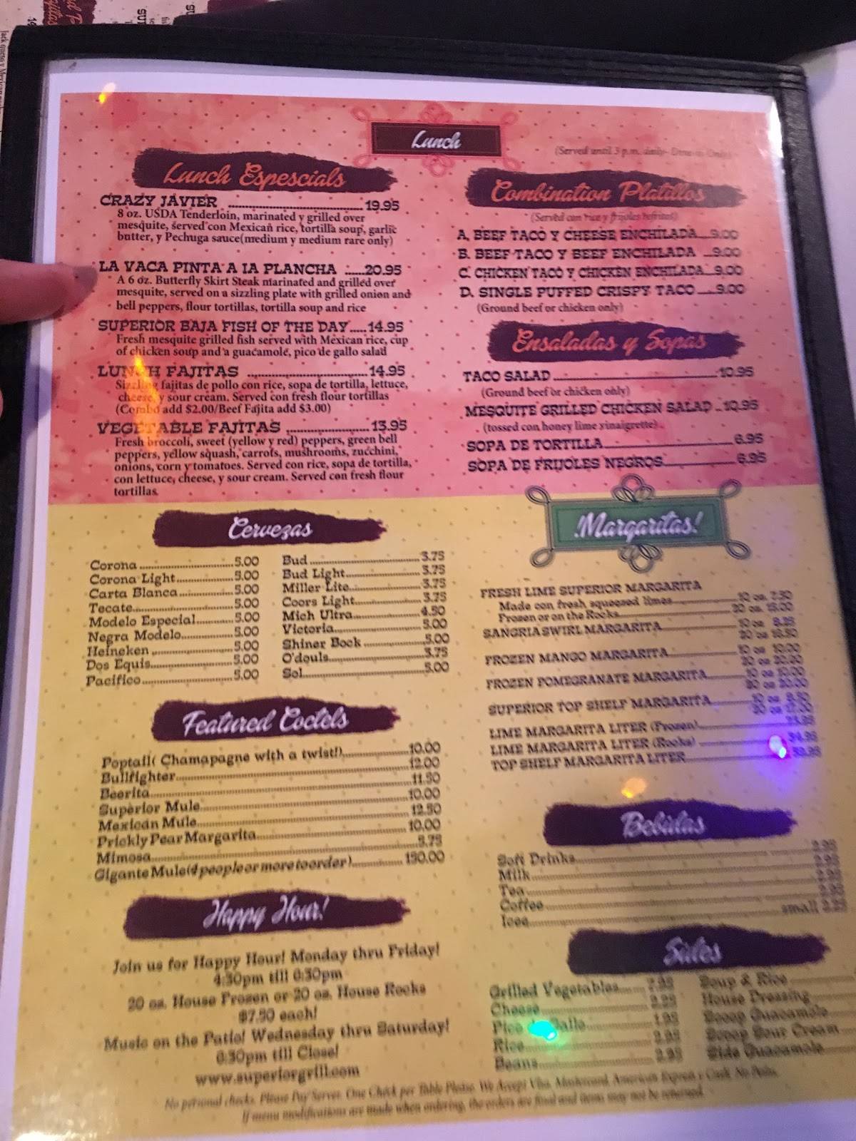 Menu at Superior Grill restaurant, Shreveport