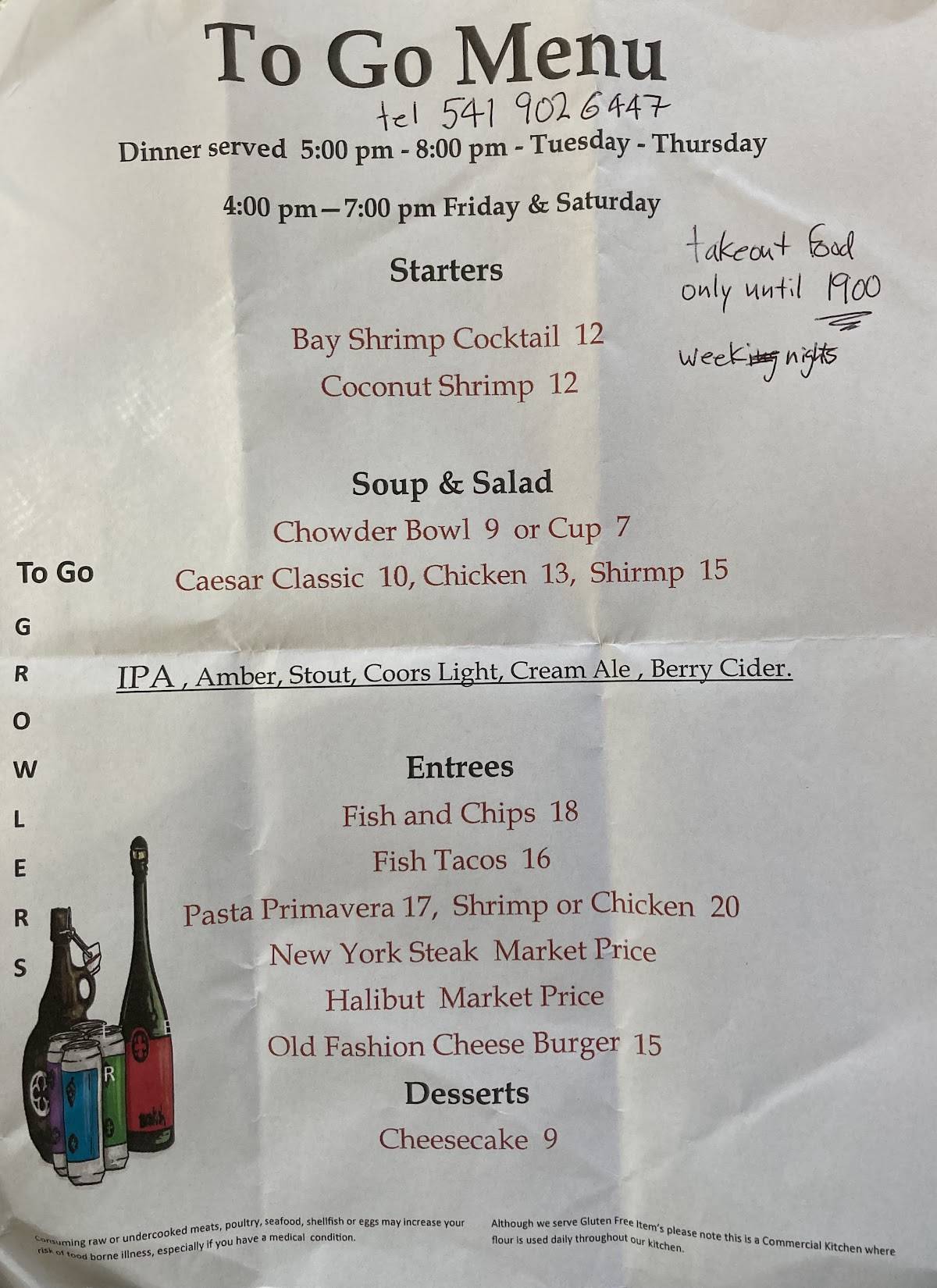 Menu at Surfside Restaurant at Driftwood Shores, Florence