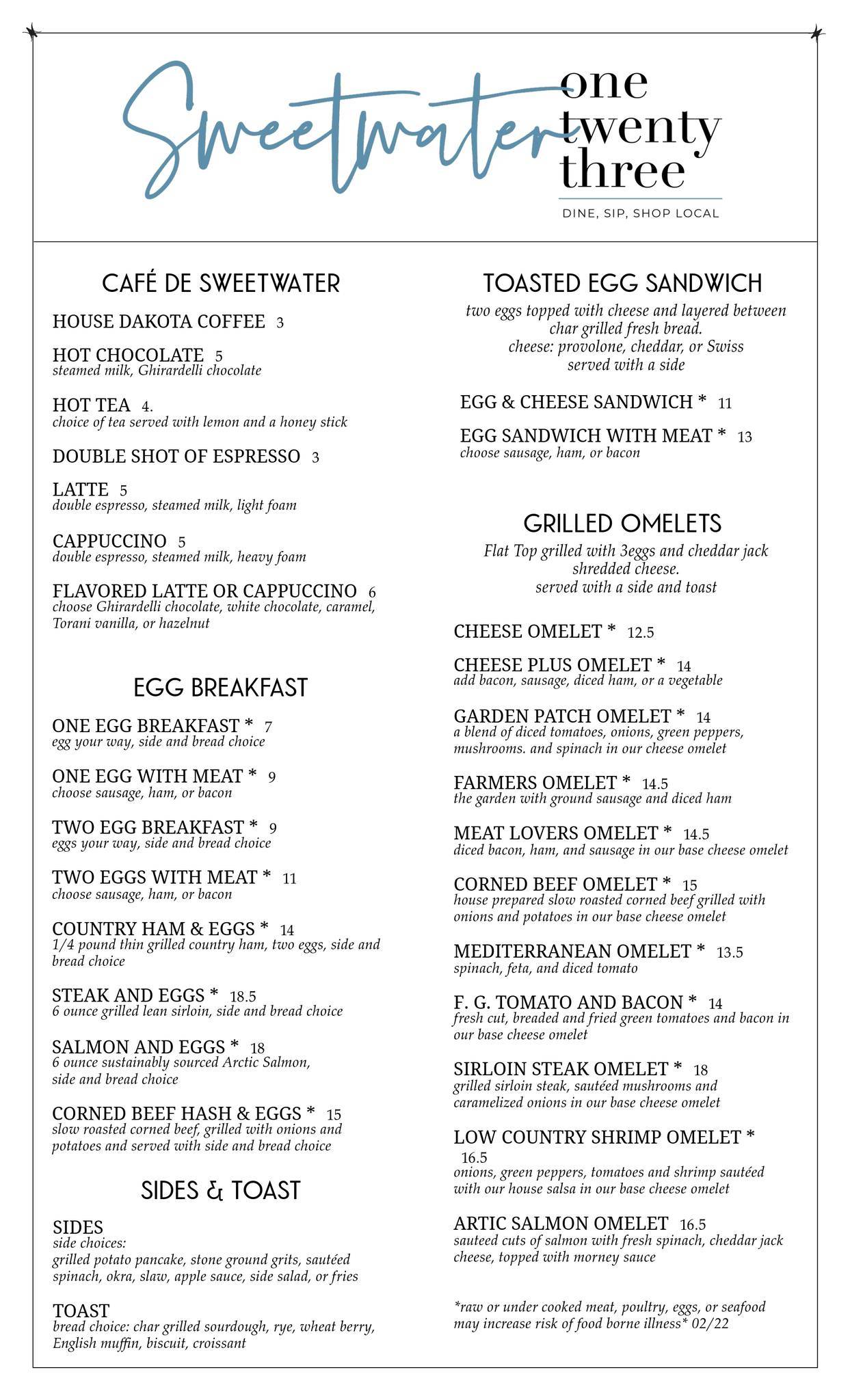 Menu at Sweetwater One Twenty Three restaurant, Summerville