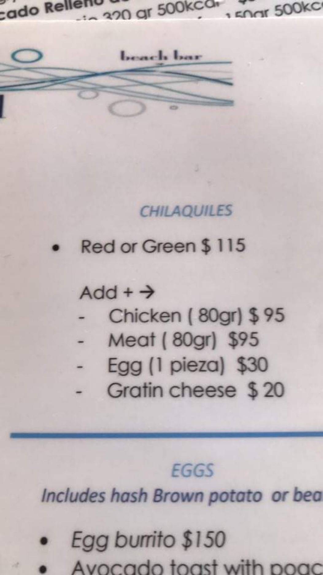 Menu at Swell Beach Bar, Puerto Vallarta