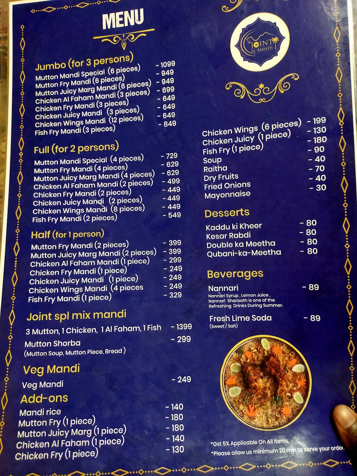 Menu at THE JOINT AL-MANDI, Hyderabad