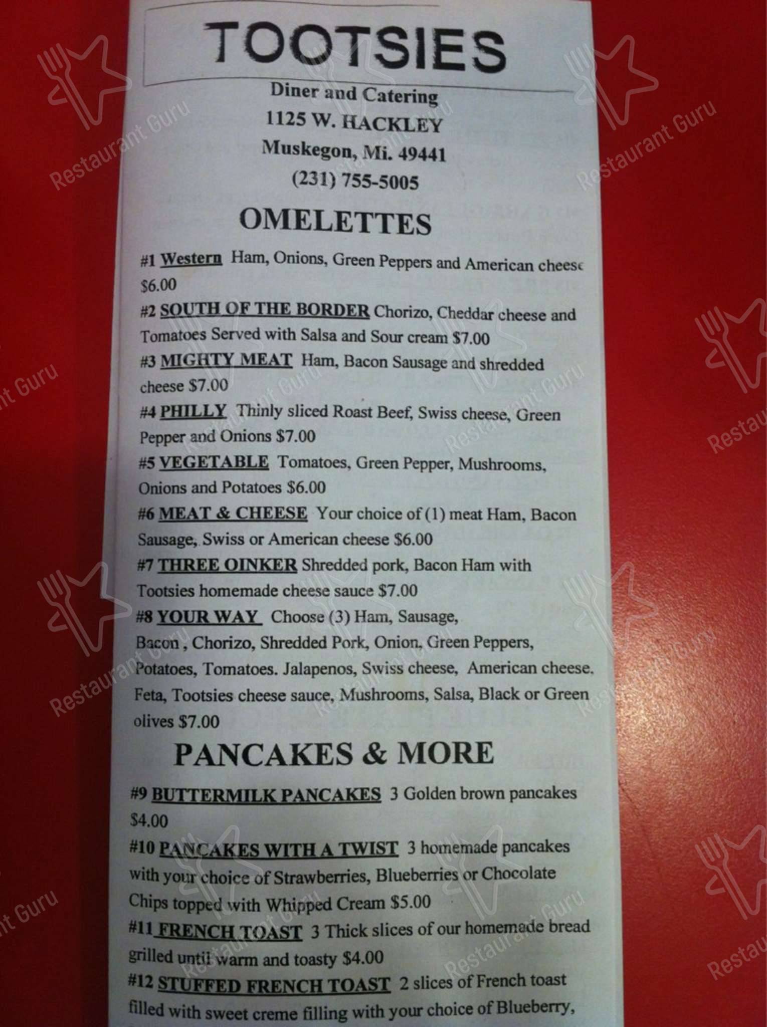 Menu at Tootsies Diner restaurant, Muskegon
