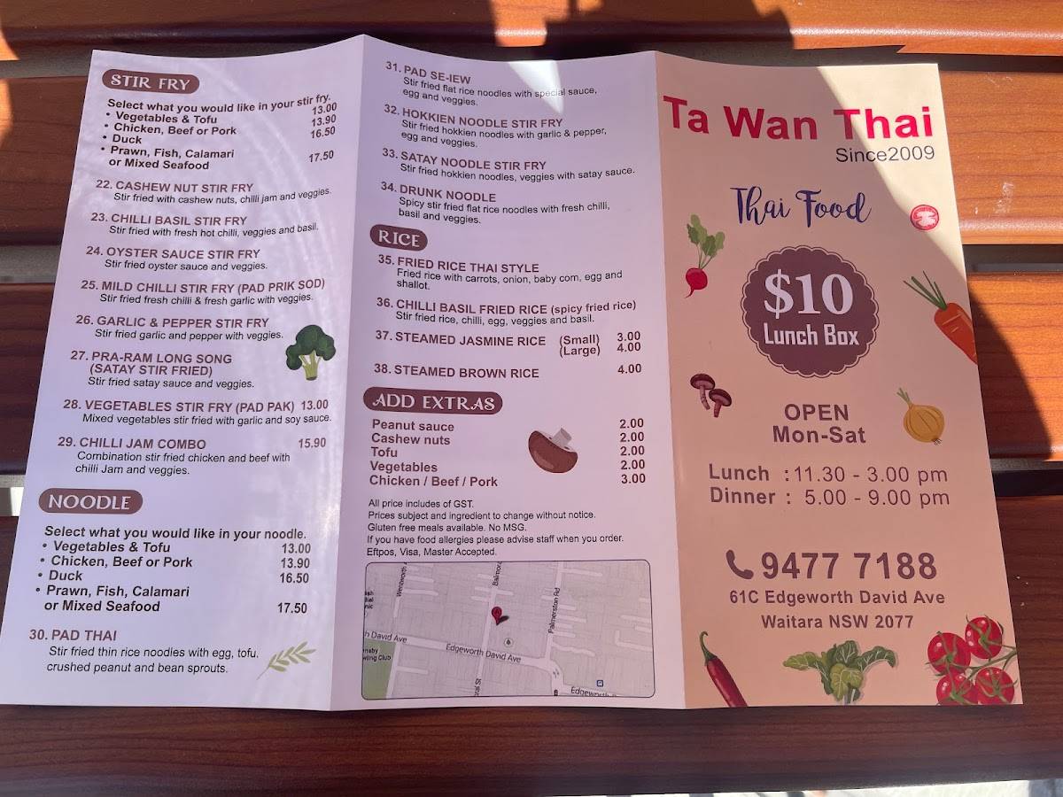 Menu at Ta Wan Thai restaurant, Waitara