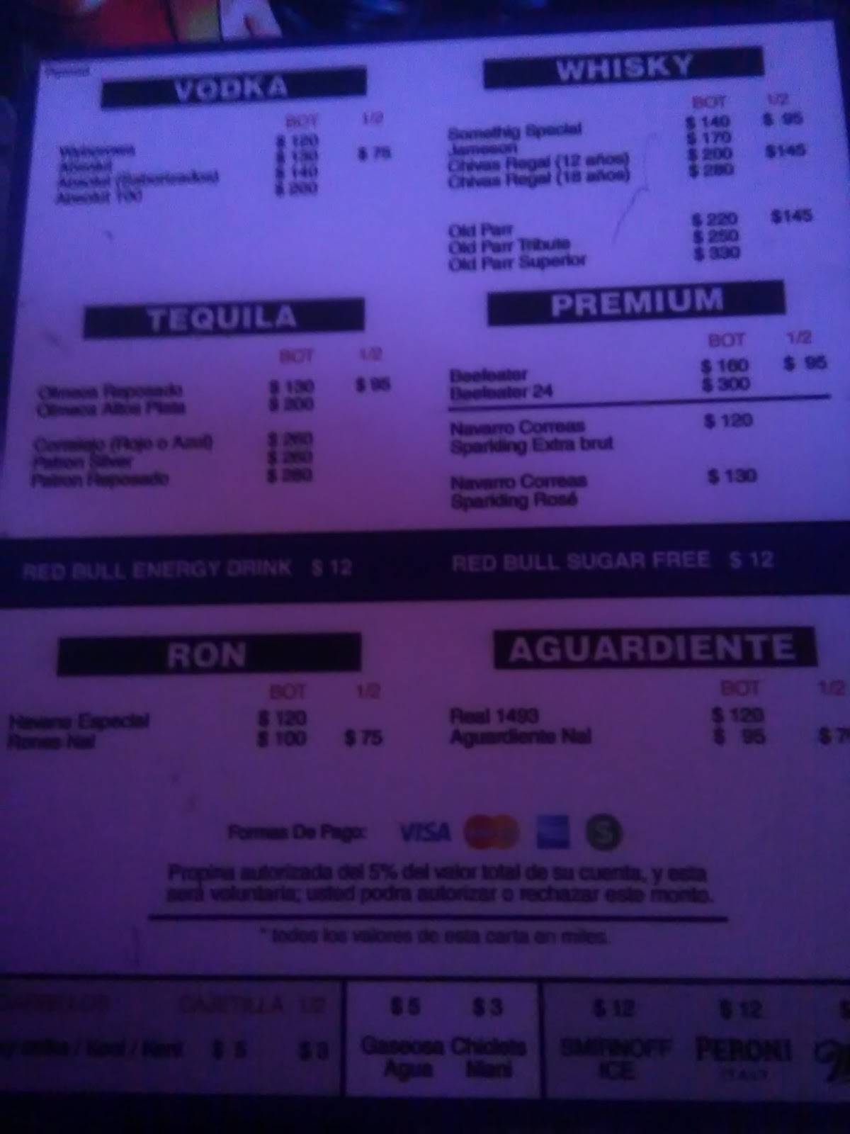 Menu at Tabú Studio Bar, Bogotá, Cra 27 #52-24