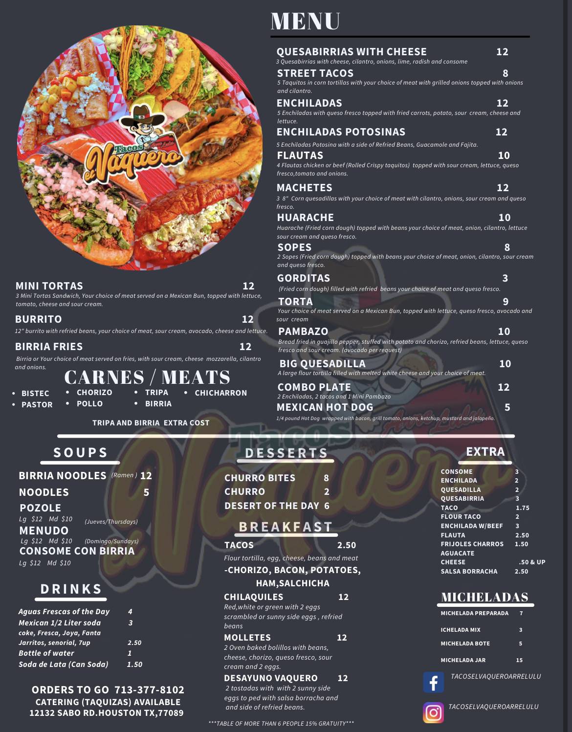Menu at Tacos El Vaquero Arre Lulu restaurant, Houston