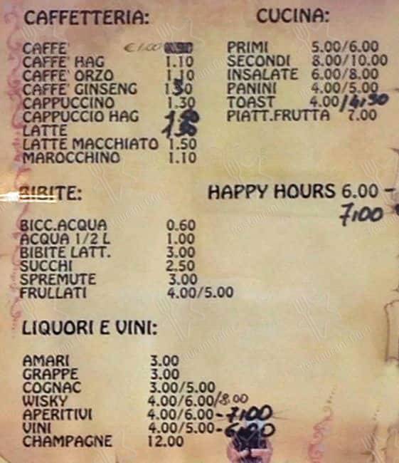 Menu at Cafe’ Caterina, Milan