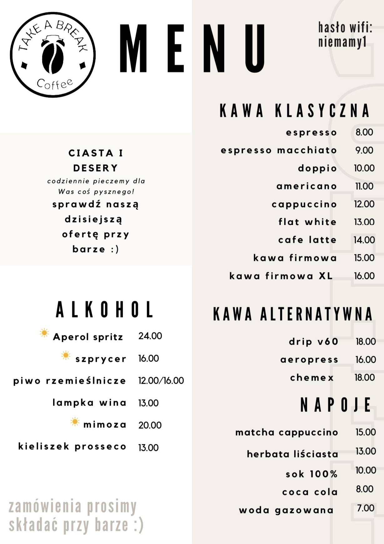 Menu at Take a break - coffee cafe, Oswiecim