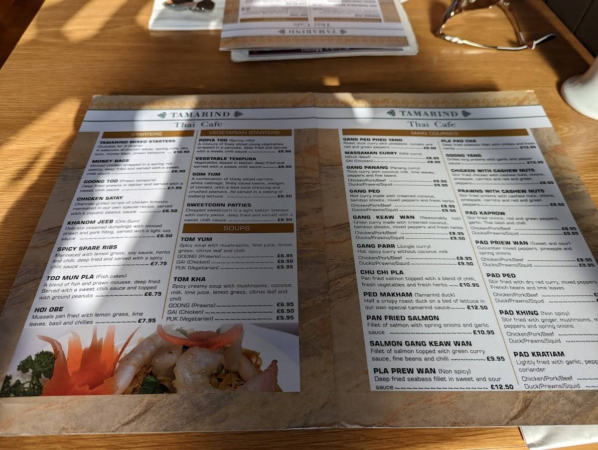 Menu at Tamarind Thai Cafe, Rickmansworth