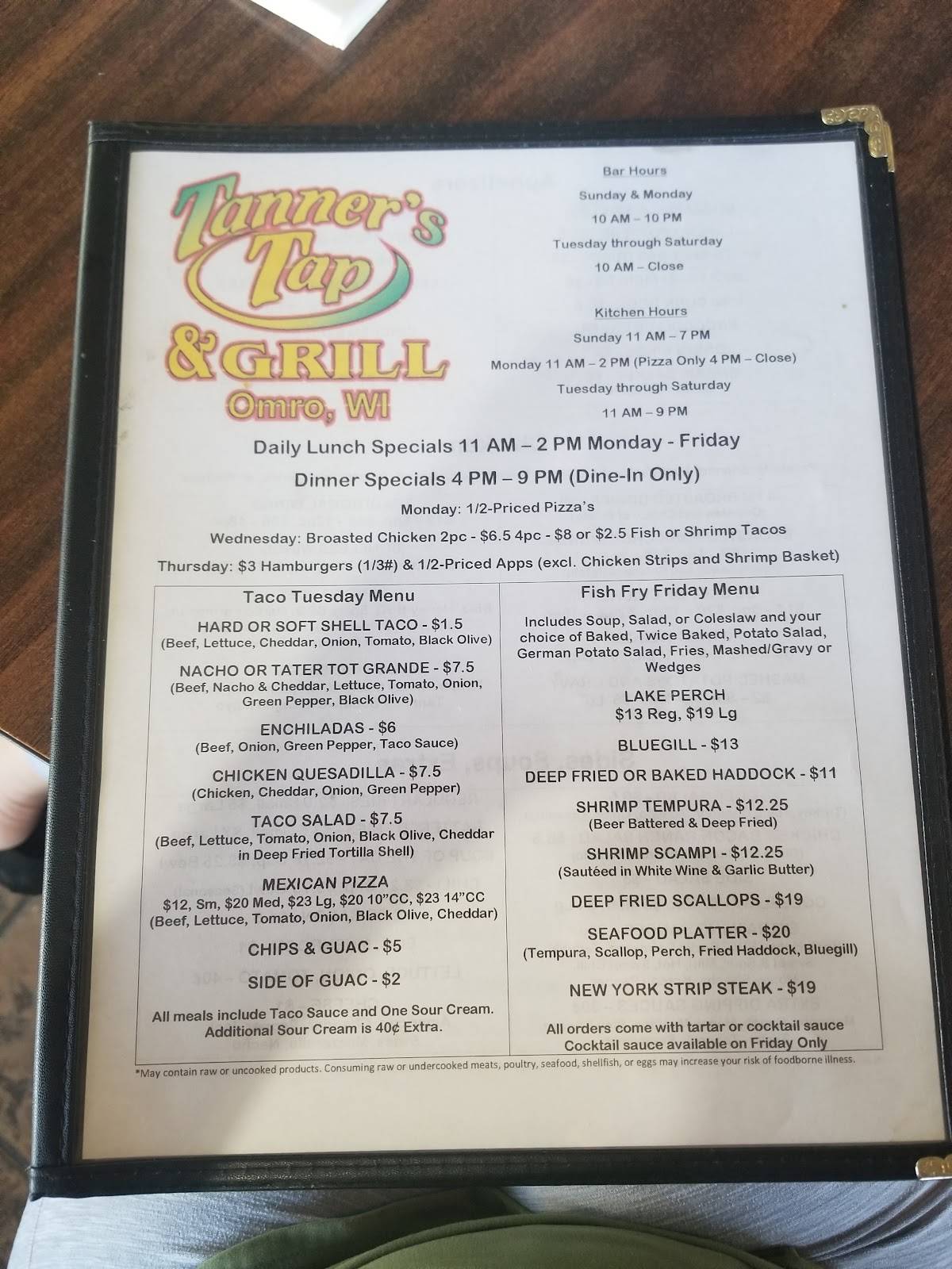 Menu at Tanners Tap & Grill pub & bar, Omro