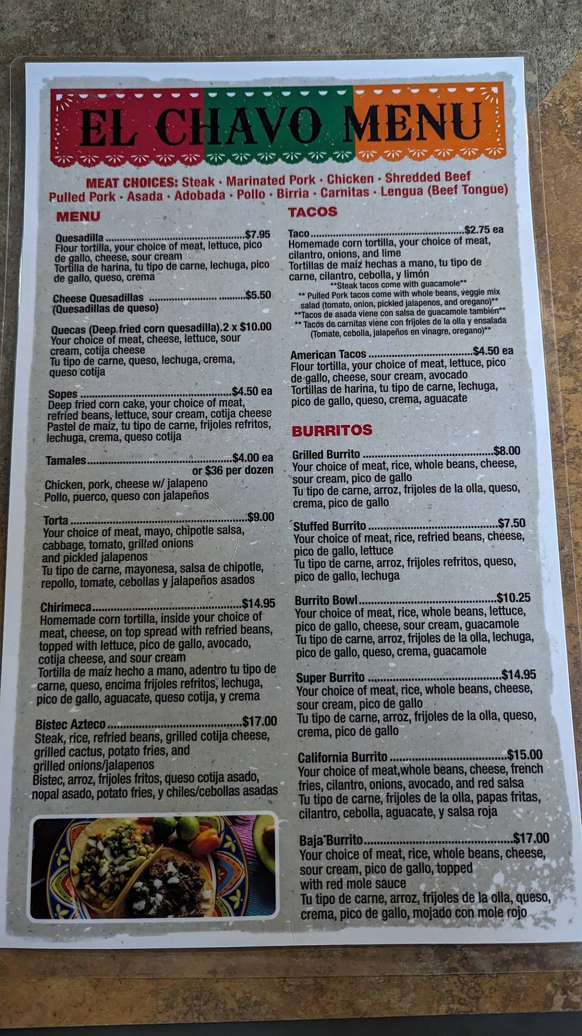 Menu at Taqueria El Chavo restaurant, Cashmere