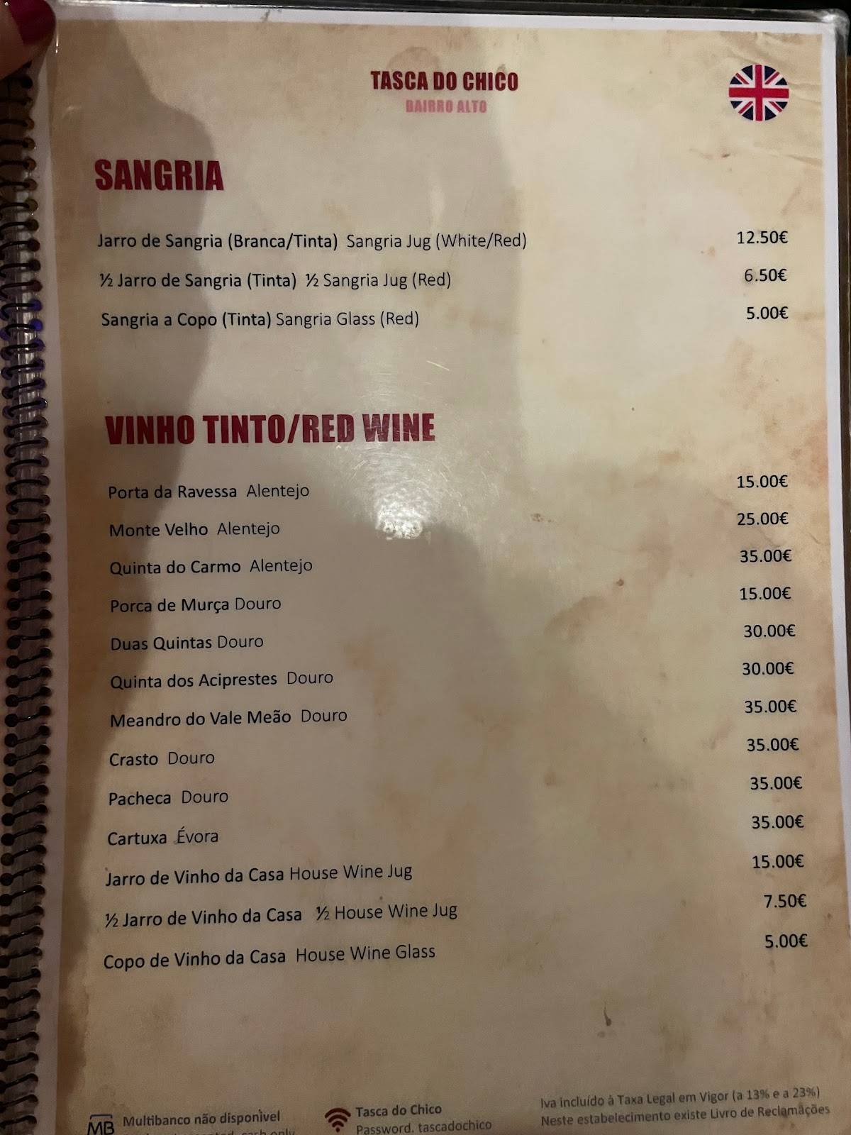 Menu at Tasca do Chico pub & bar, Lisbon, R. do Diário de Notícias 39